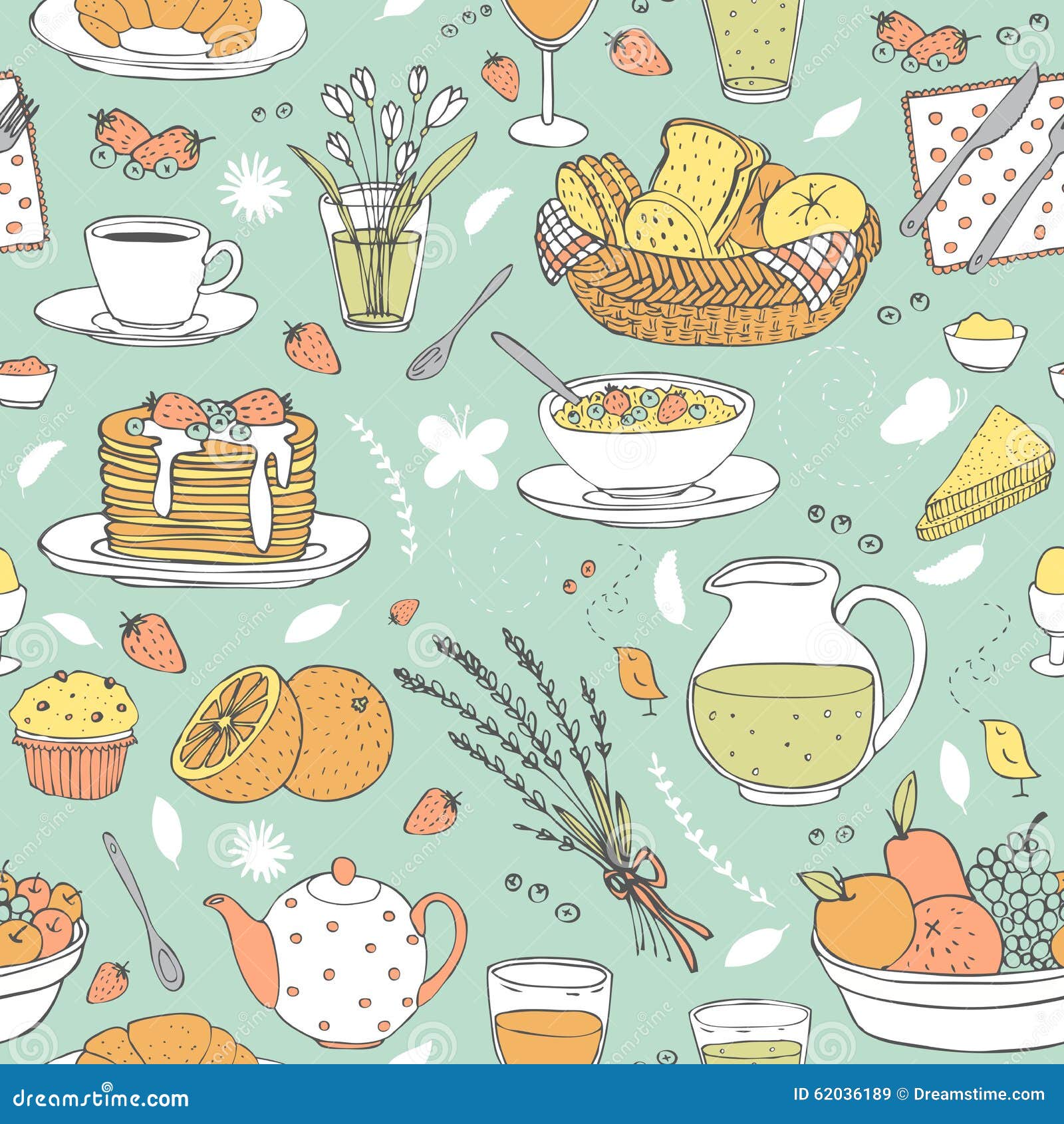 Vector Seamless Pattern with Various Breakfast Items Stock Vector ...