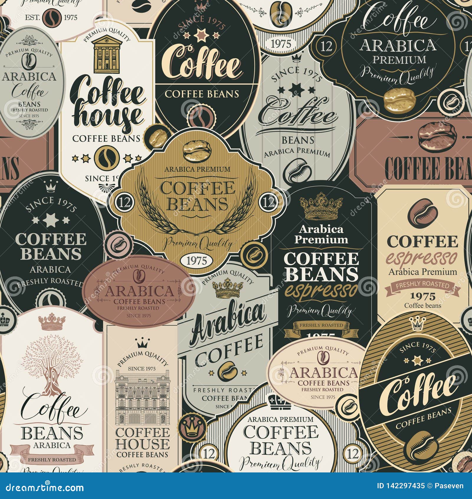 Vector Seamless Pattern with Various Coffee Labels Stock Vector ...