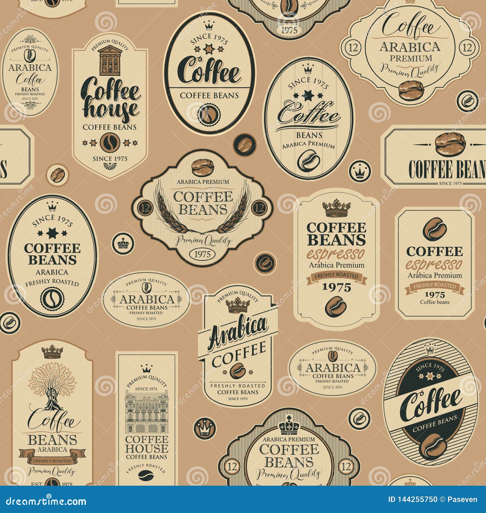 Vector Seamless Pattern with Various Coffee Labels Stock Vector ...