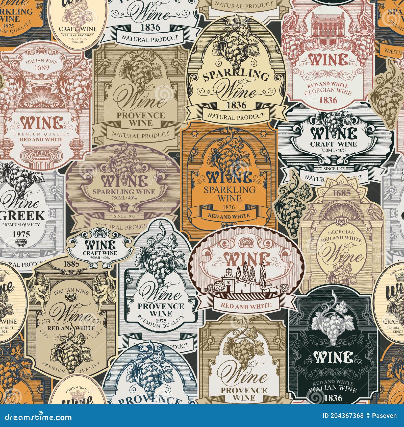 Vector Seamless Pattern with Various Wine Labels Stock Vector ...