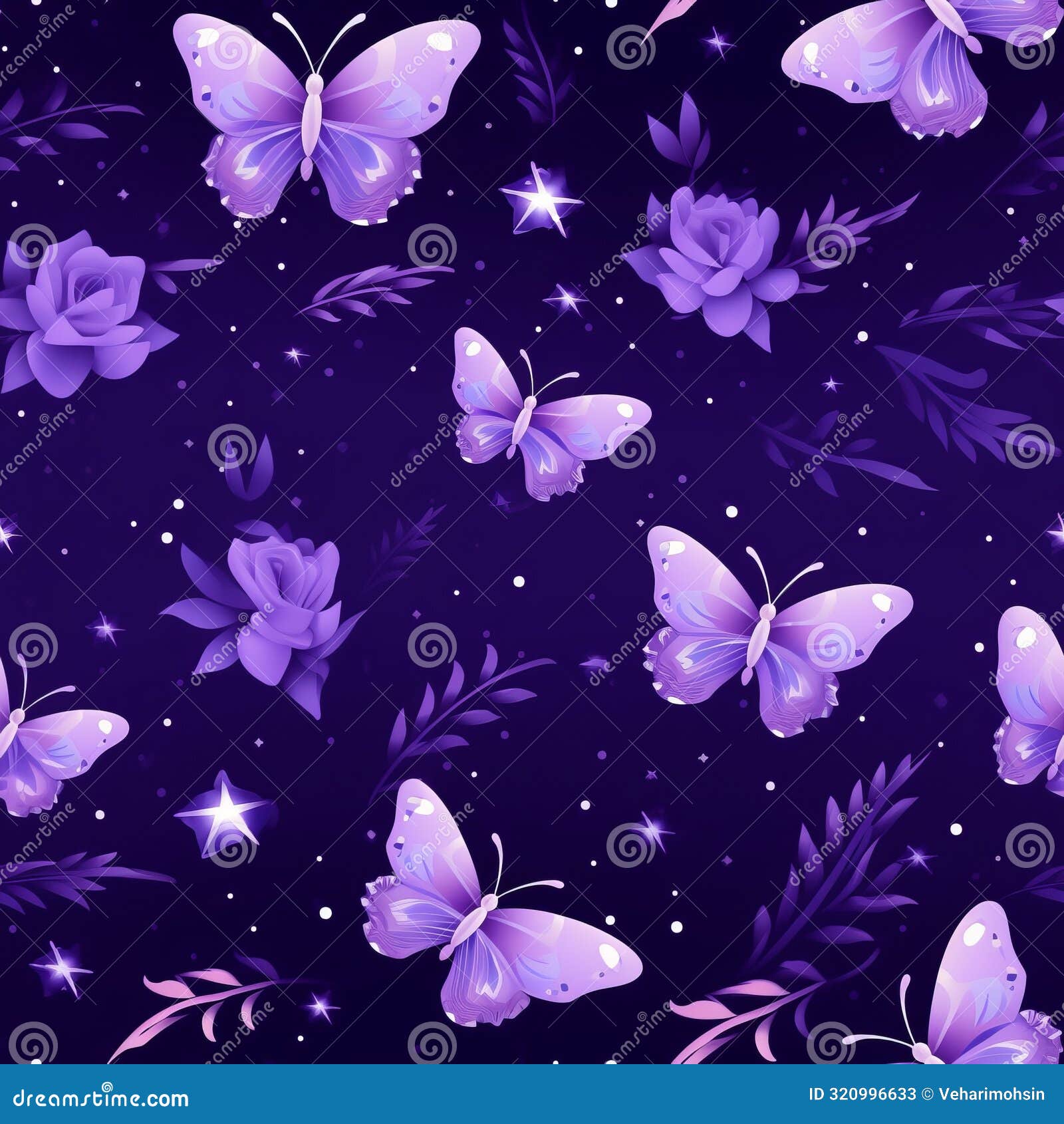 Vector Seamless Pattern with Violet Butterflies and Stars. Contemporary ...