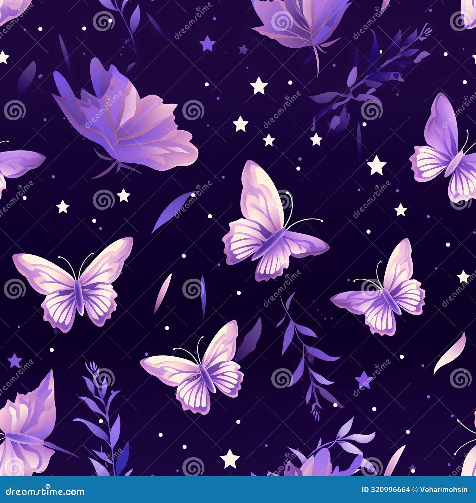 Vector Seamless Pattern with Violet Butterflies and Stars. Contemporary ...