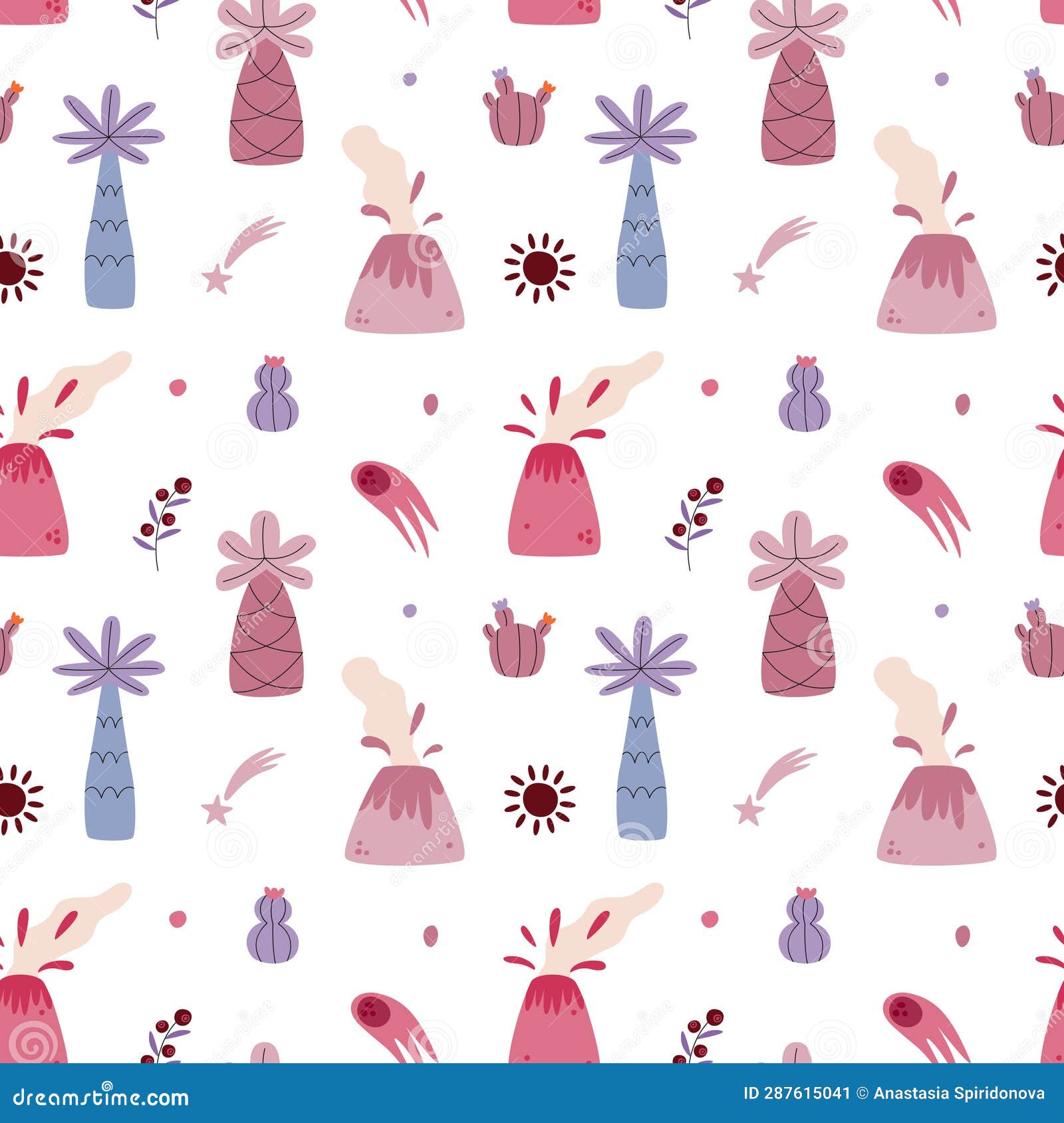 Vector Seamless Pattern with Volcano Palm Cactus Falling Star Comet and ...