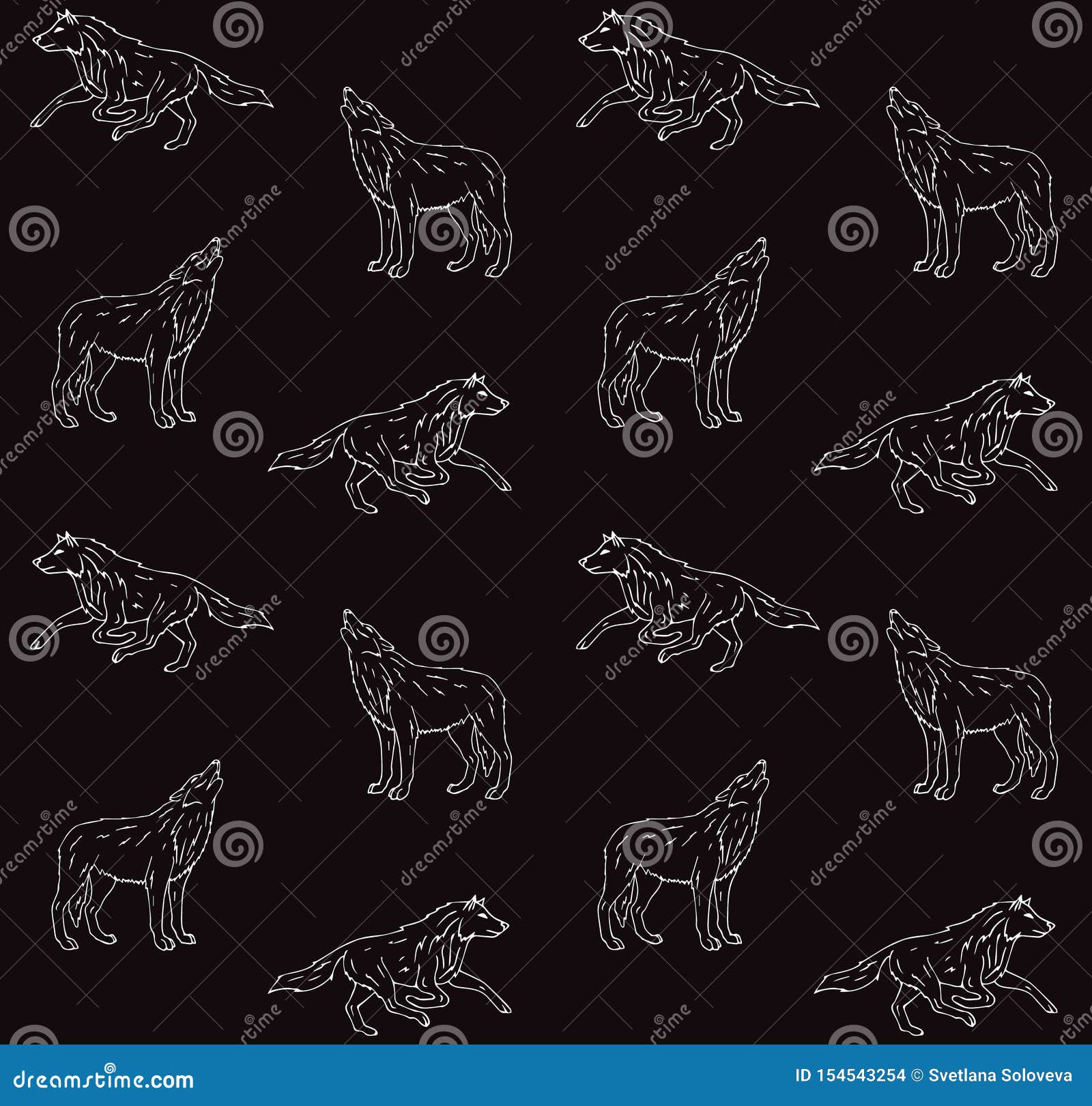Vector Seamless Pattern of White Hand Drawn Wolf Stock Vector ...