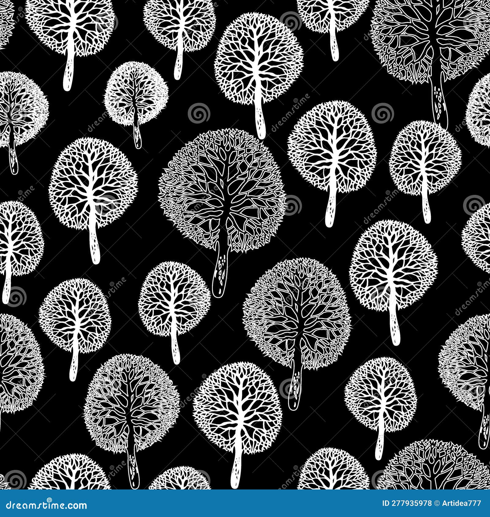 Vector Seamless Pattern with White Trees Silhouettes Isolated on Black ...