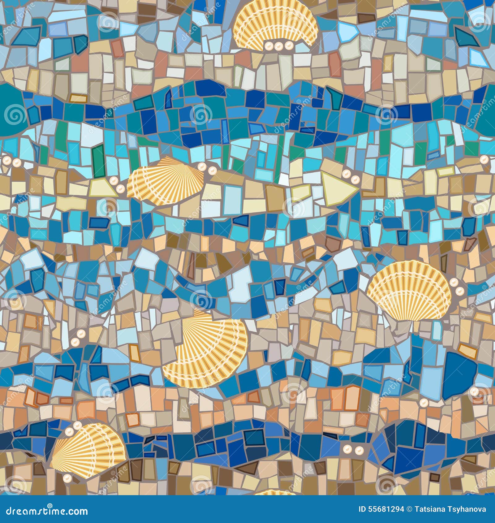Vector Seamless Pattern Wih Shells and Mosaic in Vintage Style Stock ...