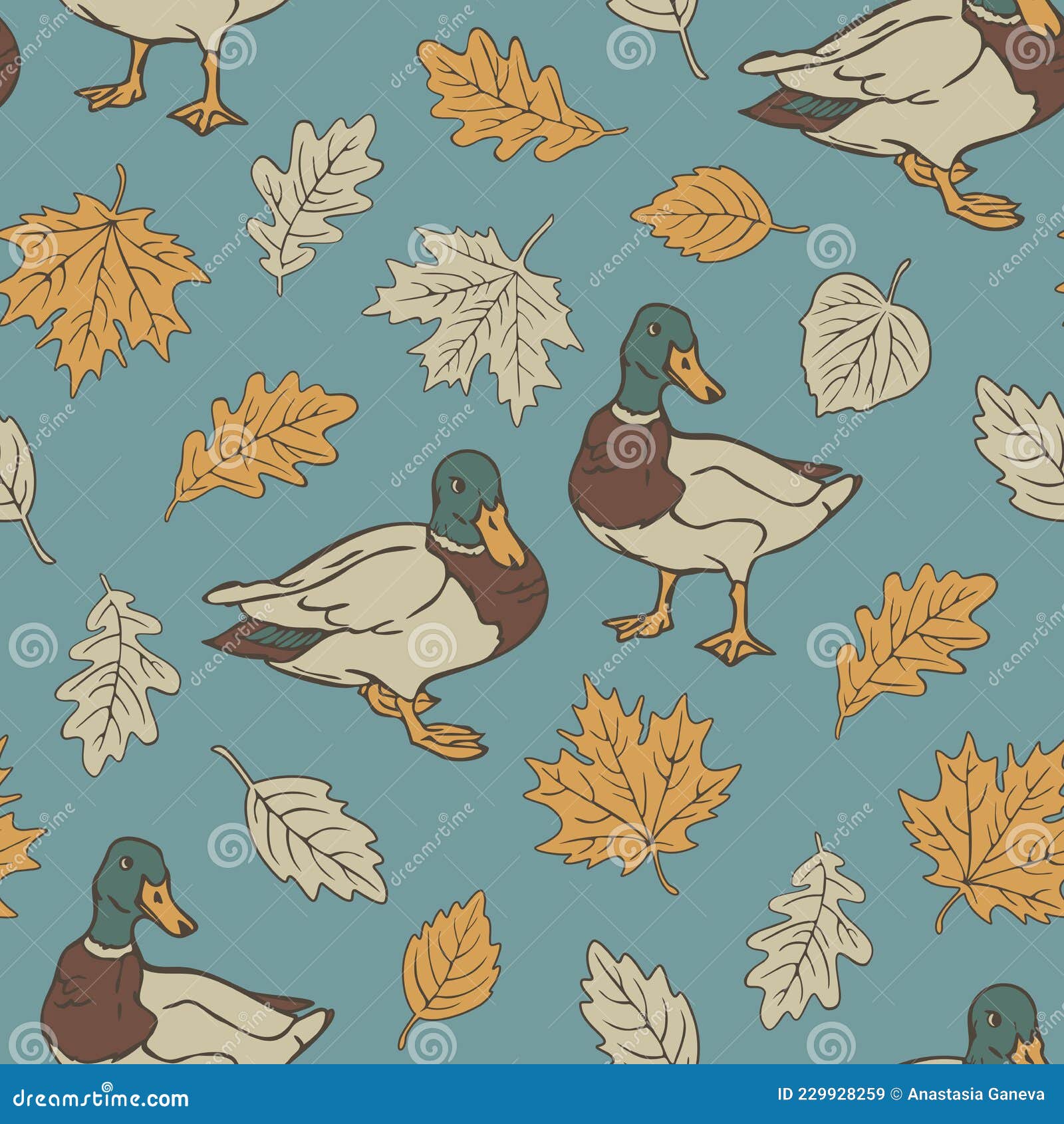 Vector Seamless Pattern with Wild Ducks and Autumn Leaves. Stock Vector ...