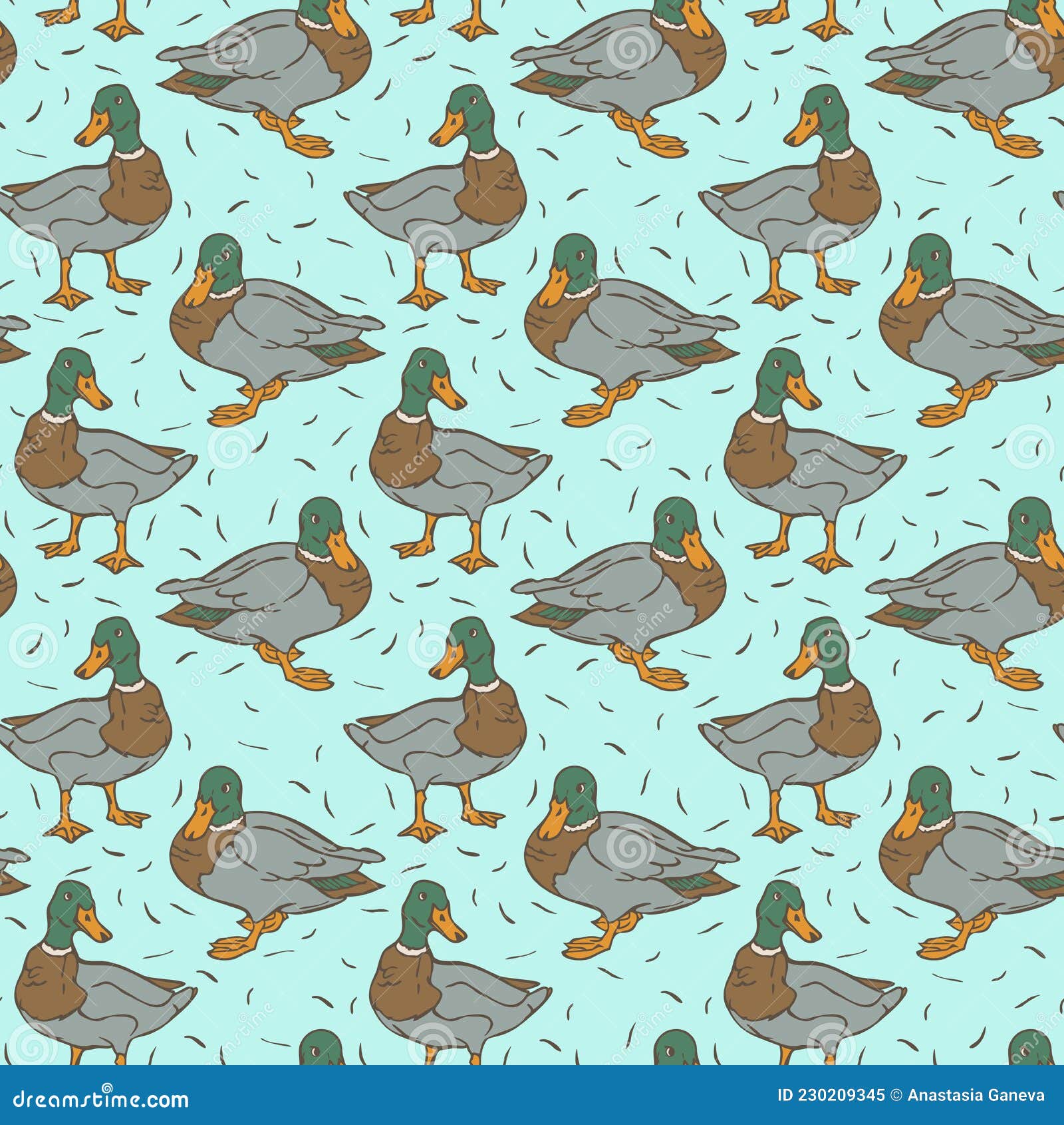 Vector Seamless Pattern with Wild Ducks on Blue Backround. Stock Vector ...