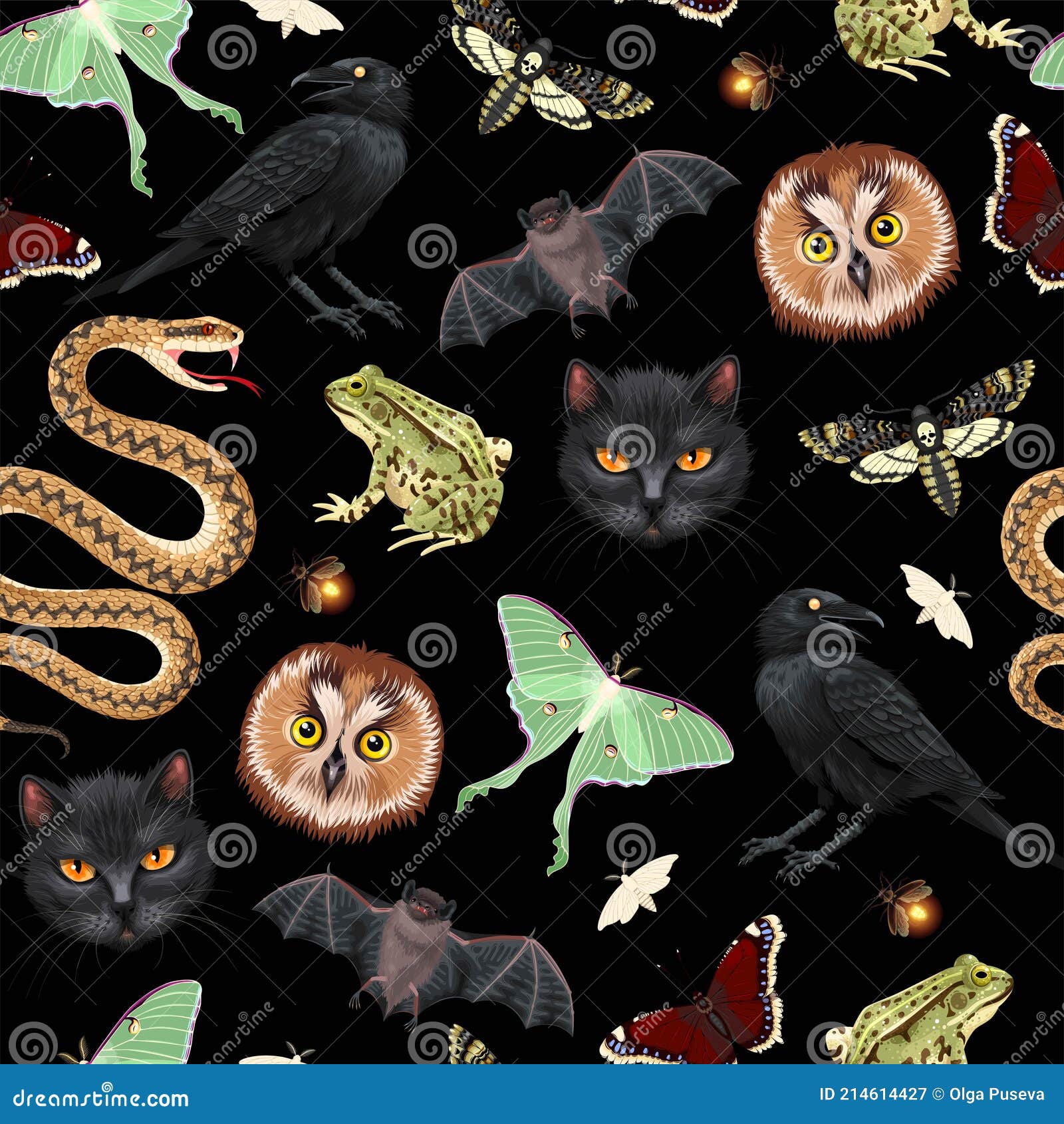 Vector Seamless Pattern with Witchy Night Creature Stock Vector ...