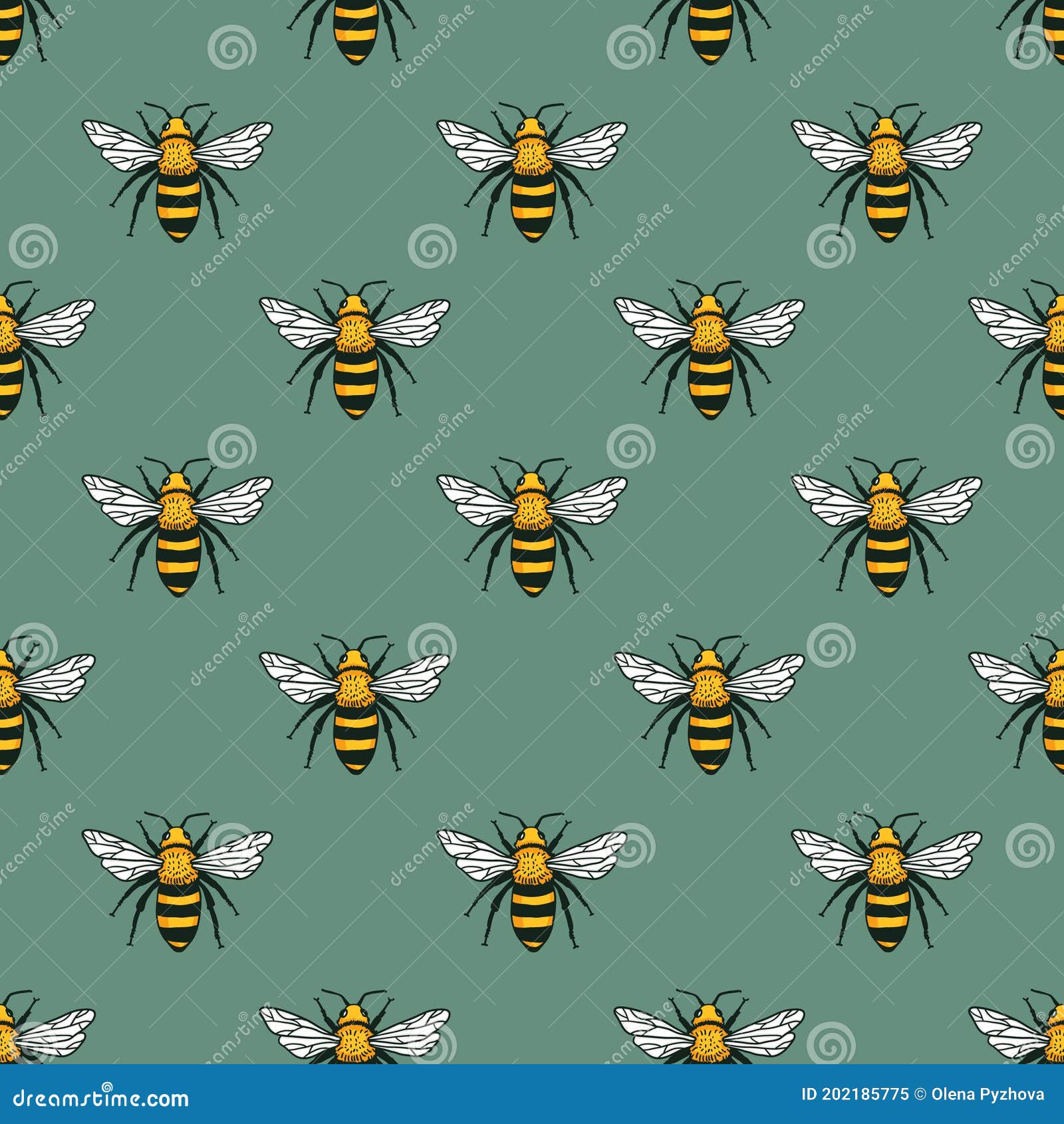 Vector Seamless Pattern with Yellow Bees. Handdrawn Design Stock Vector ...