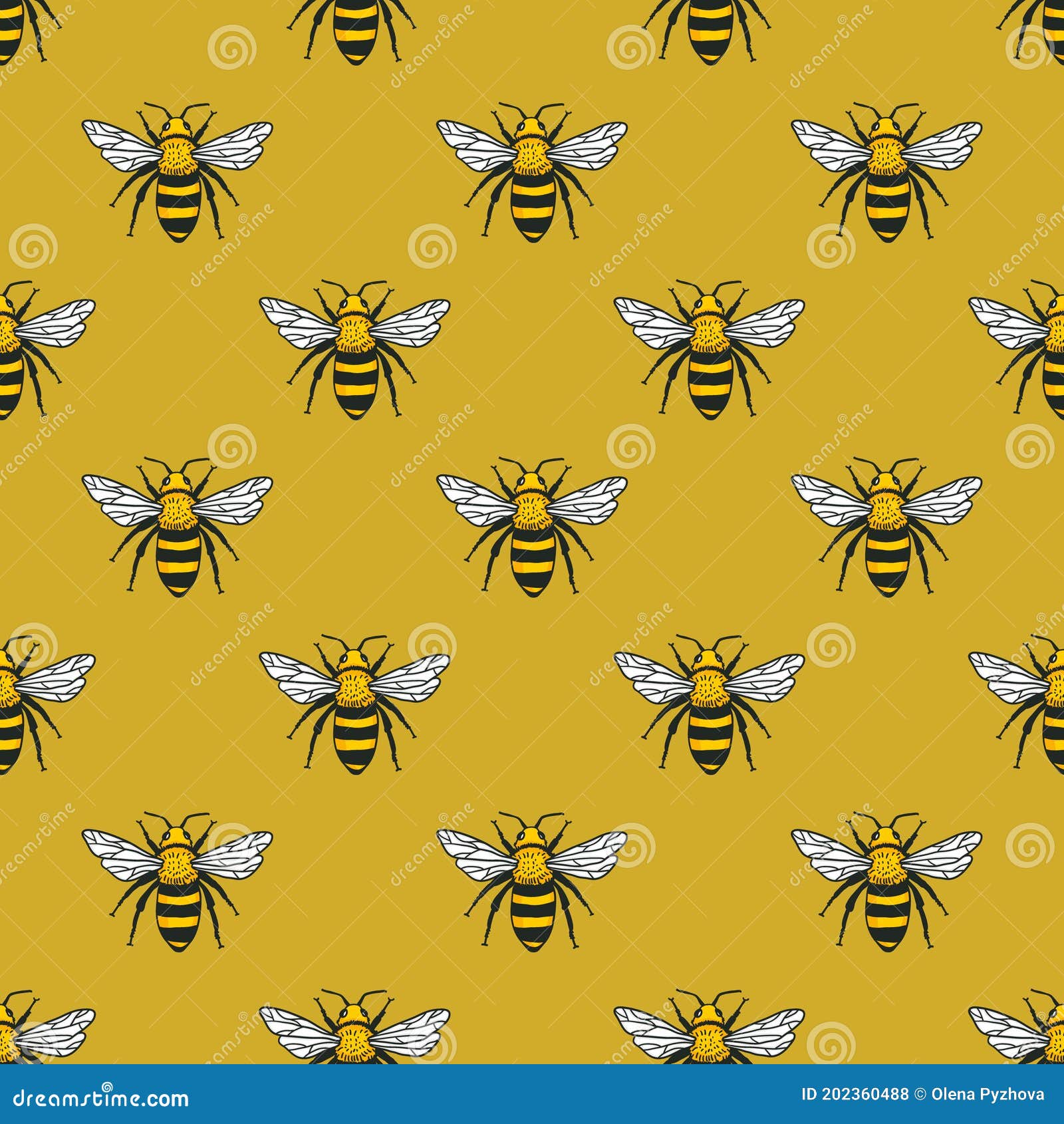 Vector Seamless Pattern with Yellow Bees. Handdrawn Design Stock Vector ...