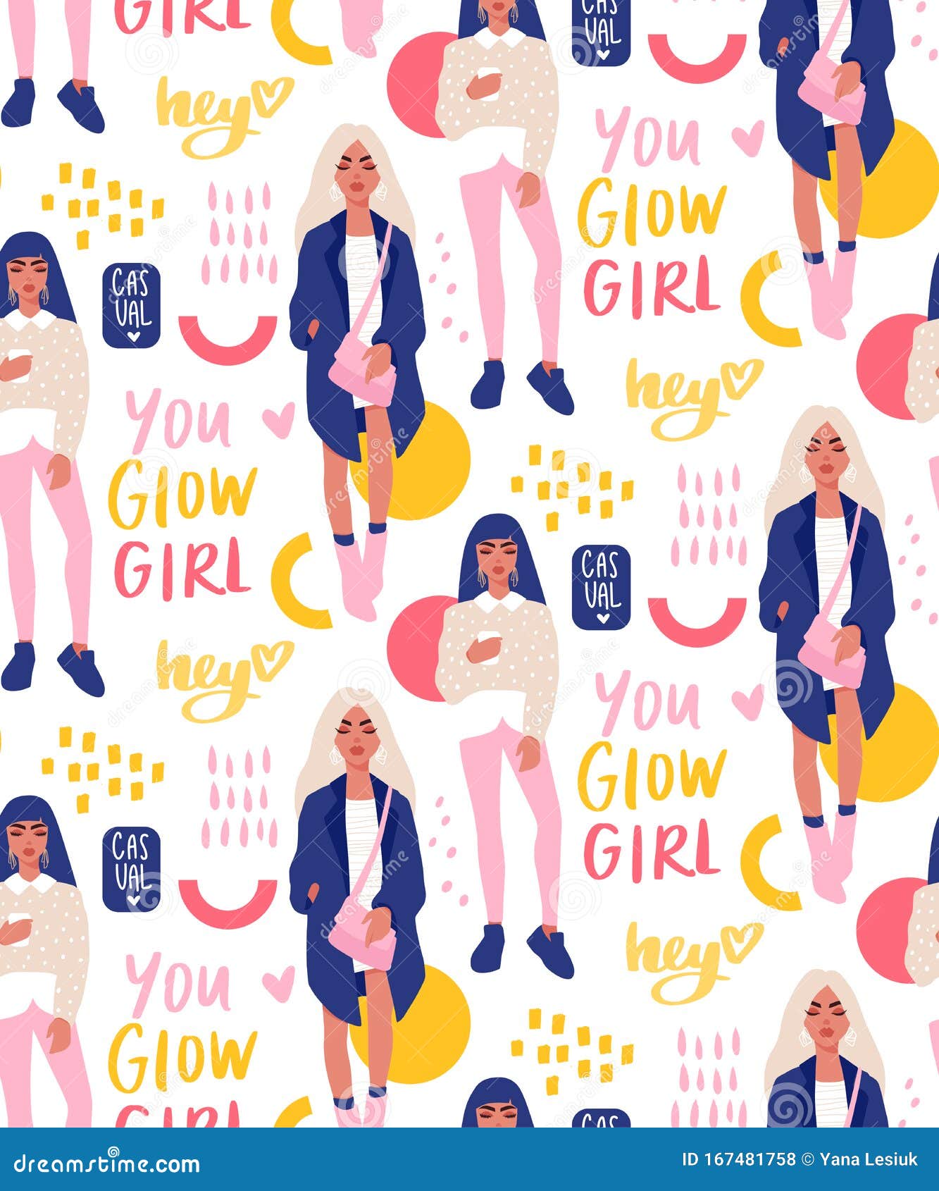 Vector Seamless Pattern with Young Women in Modern Style. Young People ...