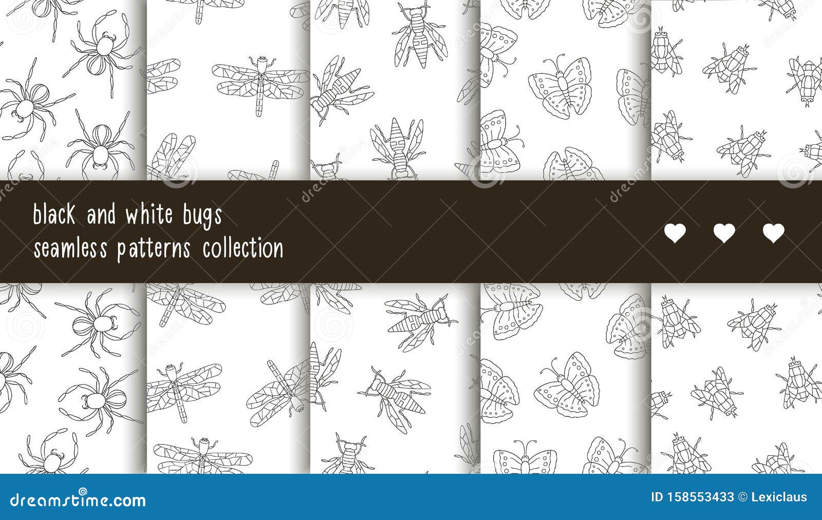 Vector Seamless Patterns Collection of Black and White Insects Stock ...