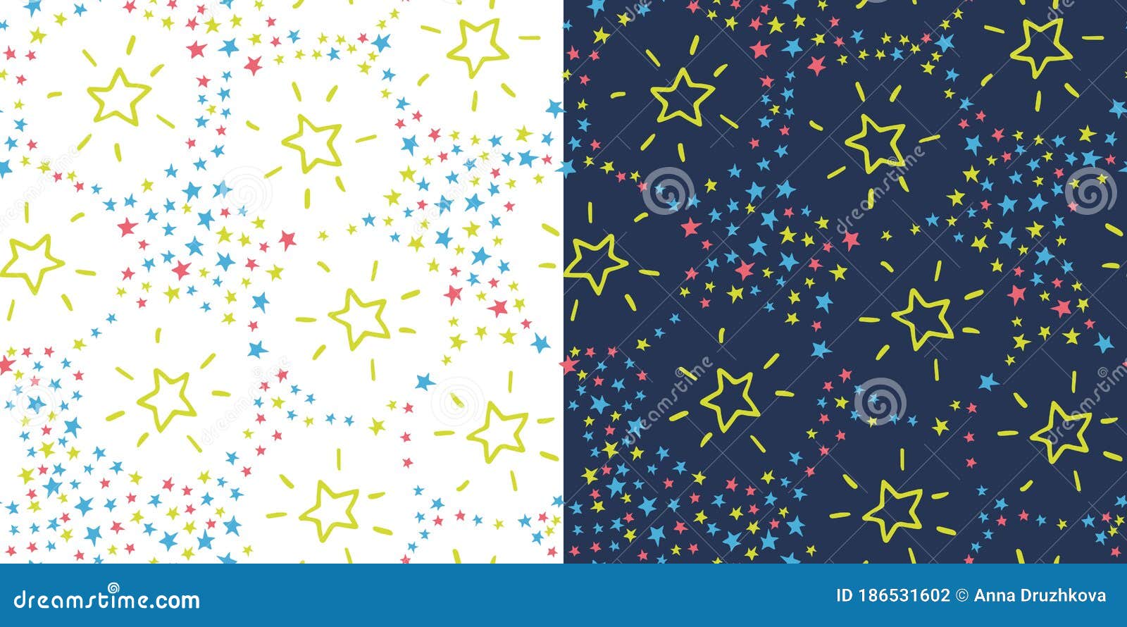 Vector Seamless Patterns with Colorful Hand Drawn Shining Stars Stock ...
