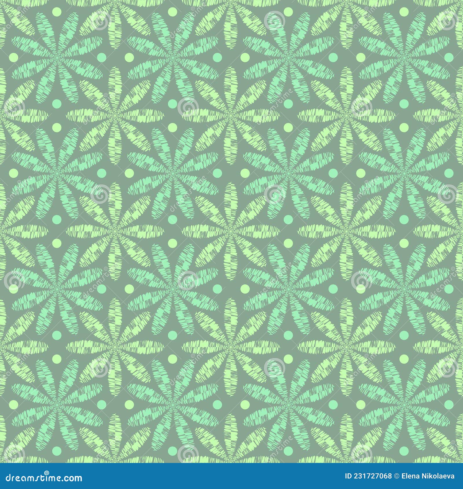 Vector Seamless Patterns of Green Simple Flower Shapes and Dots Stock ...