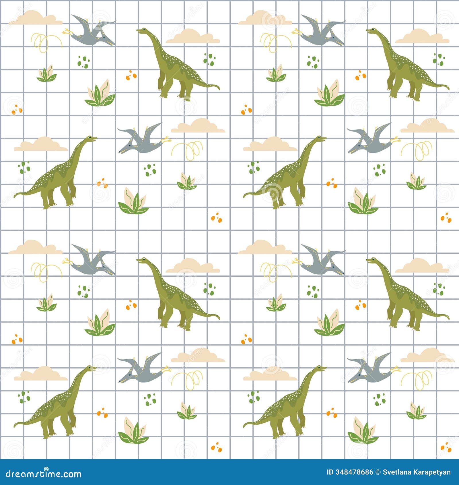 Vector Seamless Plaid Pattern, Cute Dino, Dinosaur Brachiosaurus, Flying Pterodactyl, Clouds and ...