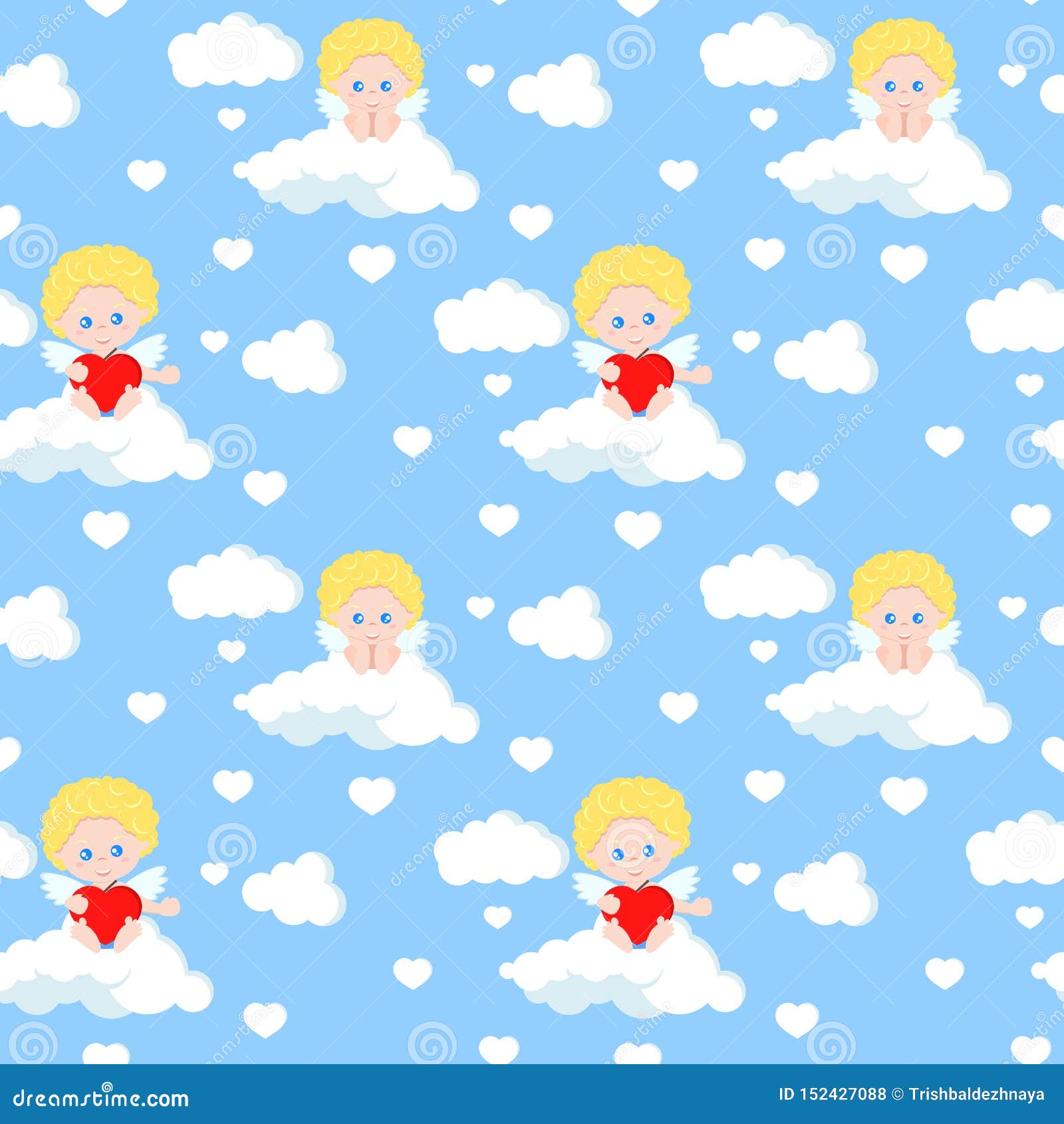 Vector Seamless Romantic Pattern with Cute Cupid Sitting on Cloud with ...