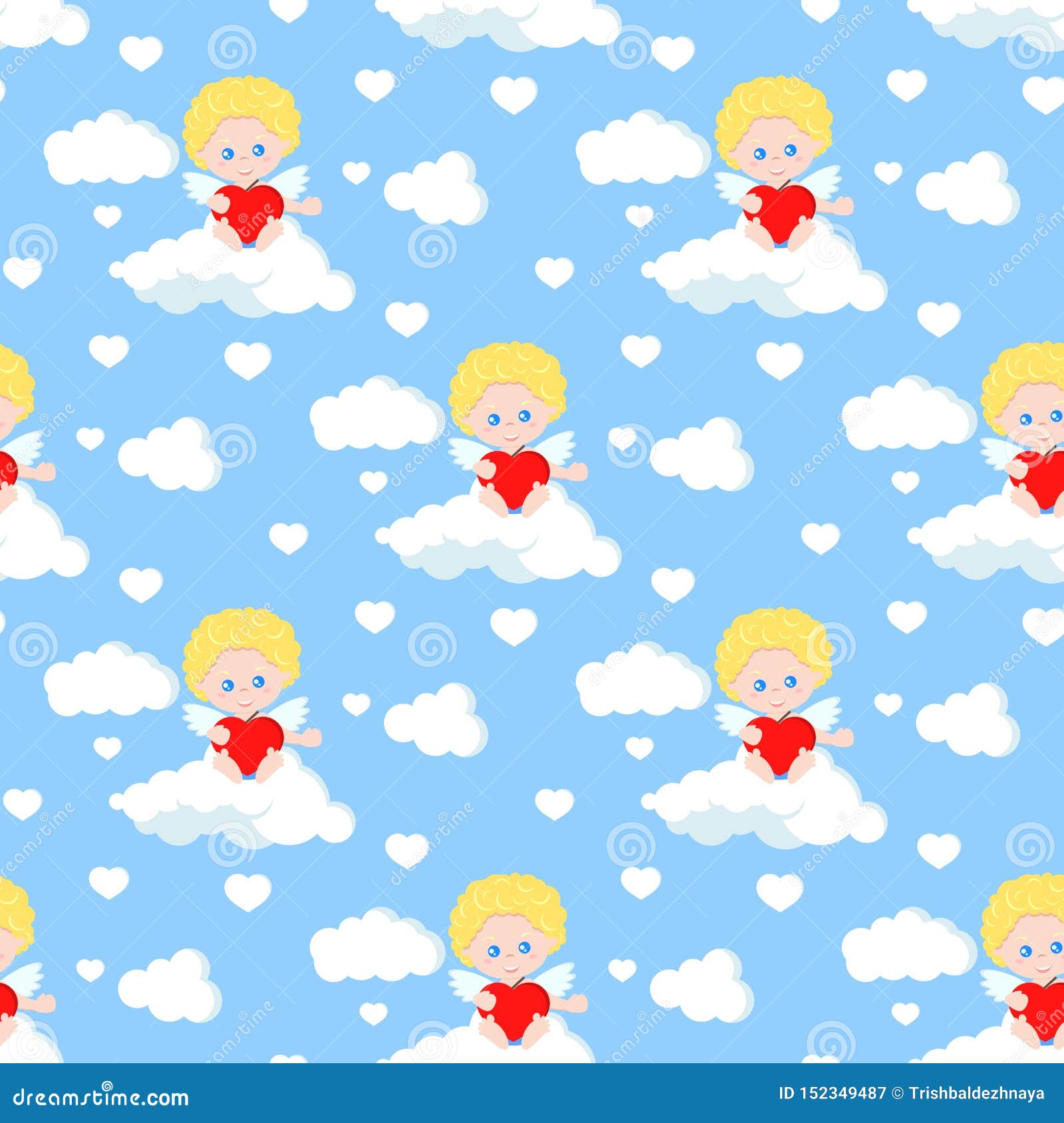 Vector Seamless Romantic Pattern with Cute Cupid Sitting on Clouds with ...