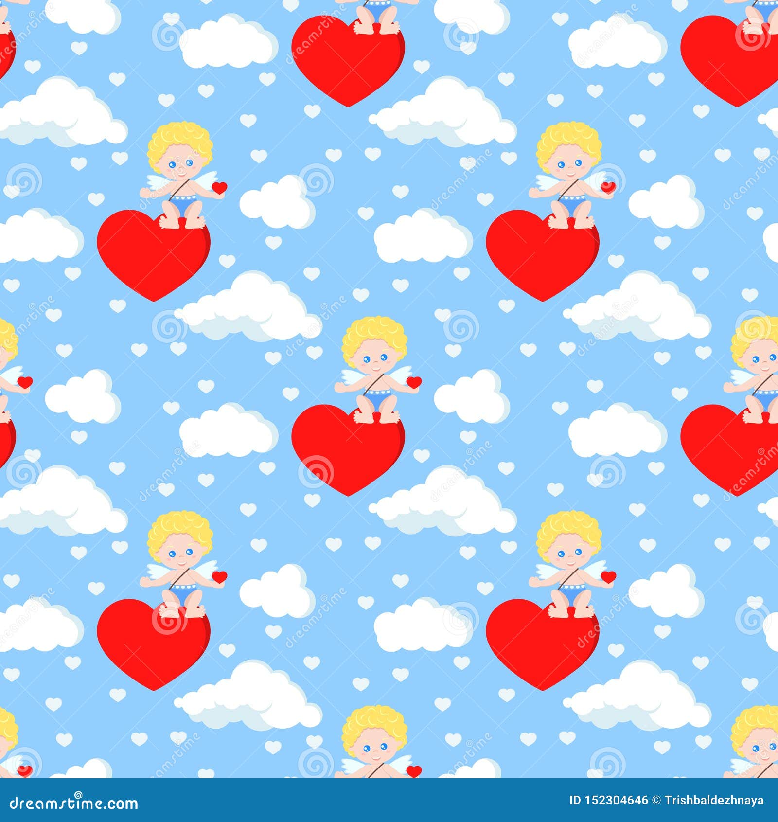Vector Seamless Romantic Pattern with Cute Cupid Sitting on Heart Stock ...