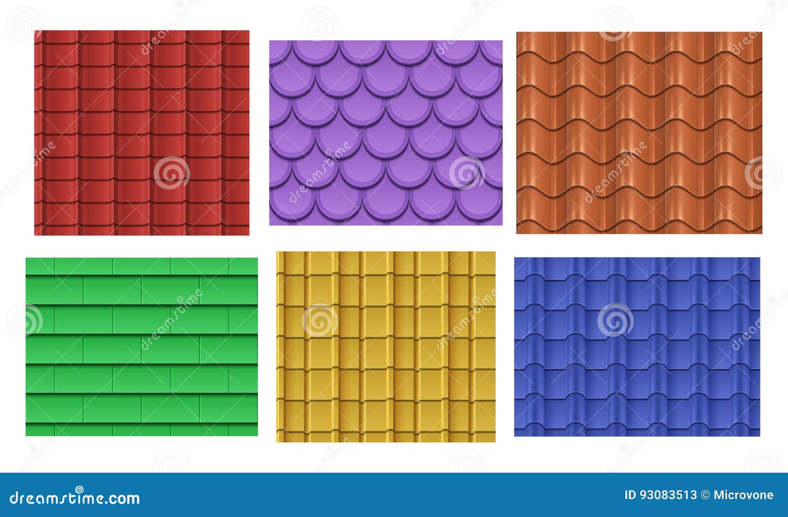 Set Of Seamless Roof Tiles Textures. 3D Patterns Of Rooftop Materials ...