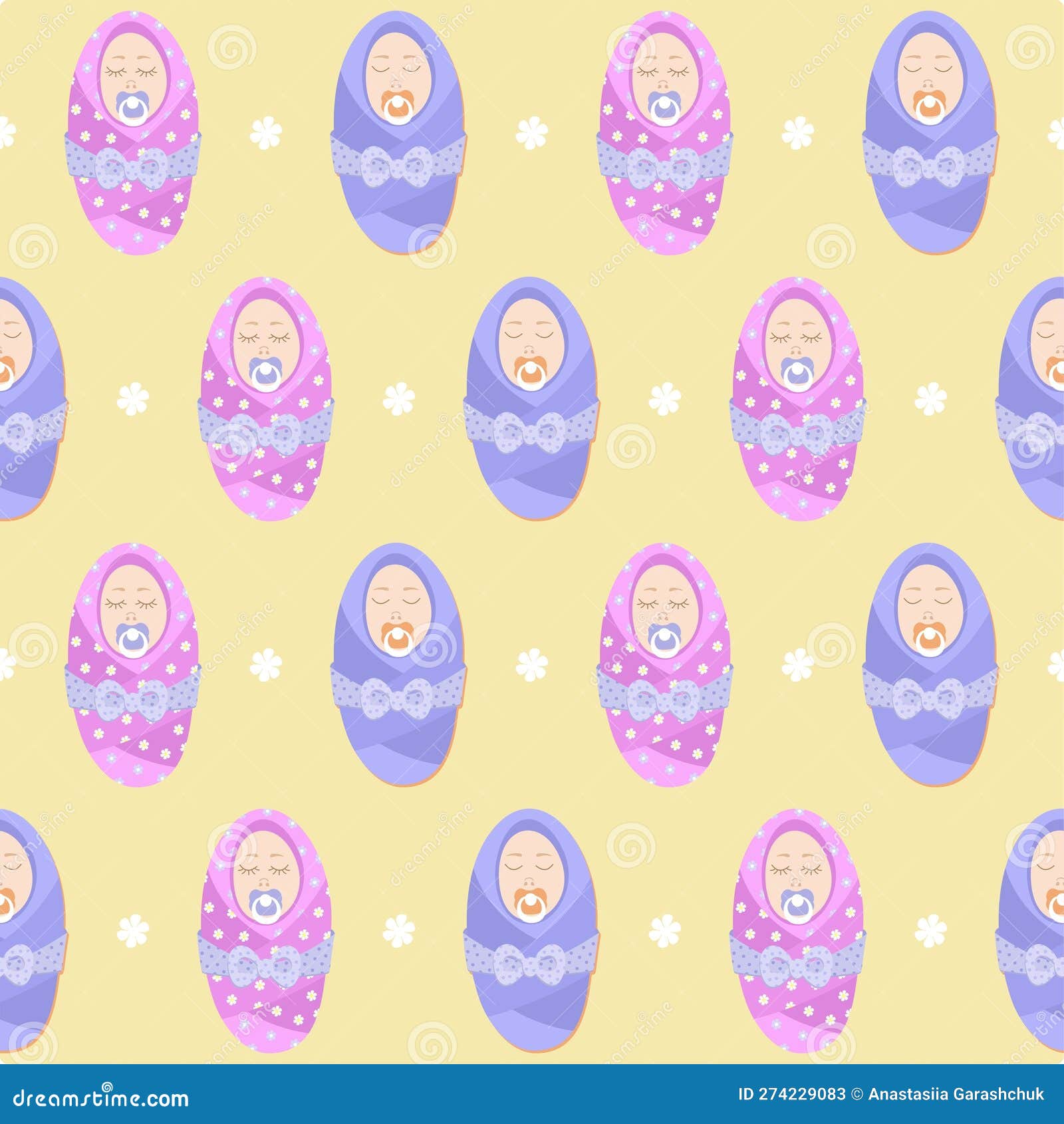 Vector Seamless Soft Pastel Pattern with Newborn Babies Wrapped in ...