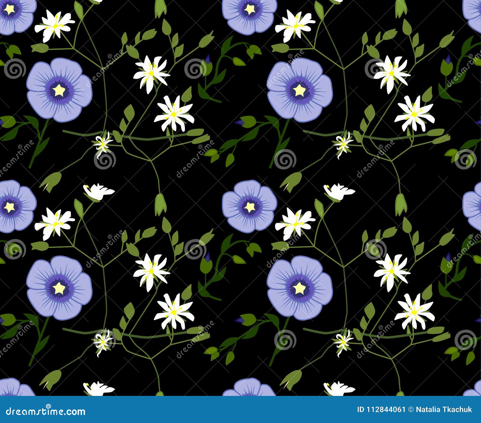 Summer Floral Pattern with Blue and White Flowers. Vector Illustration ...