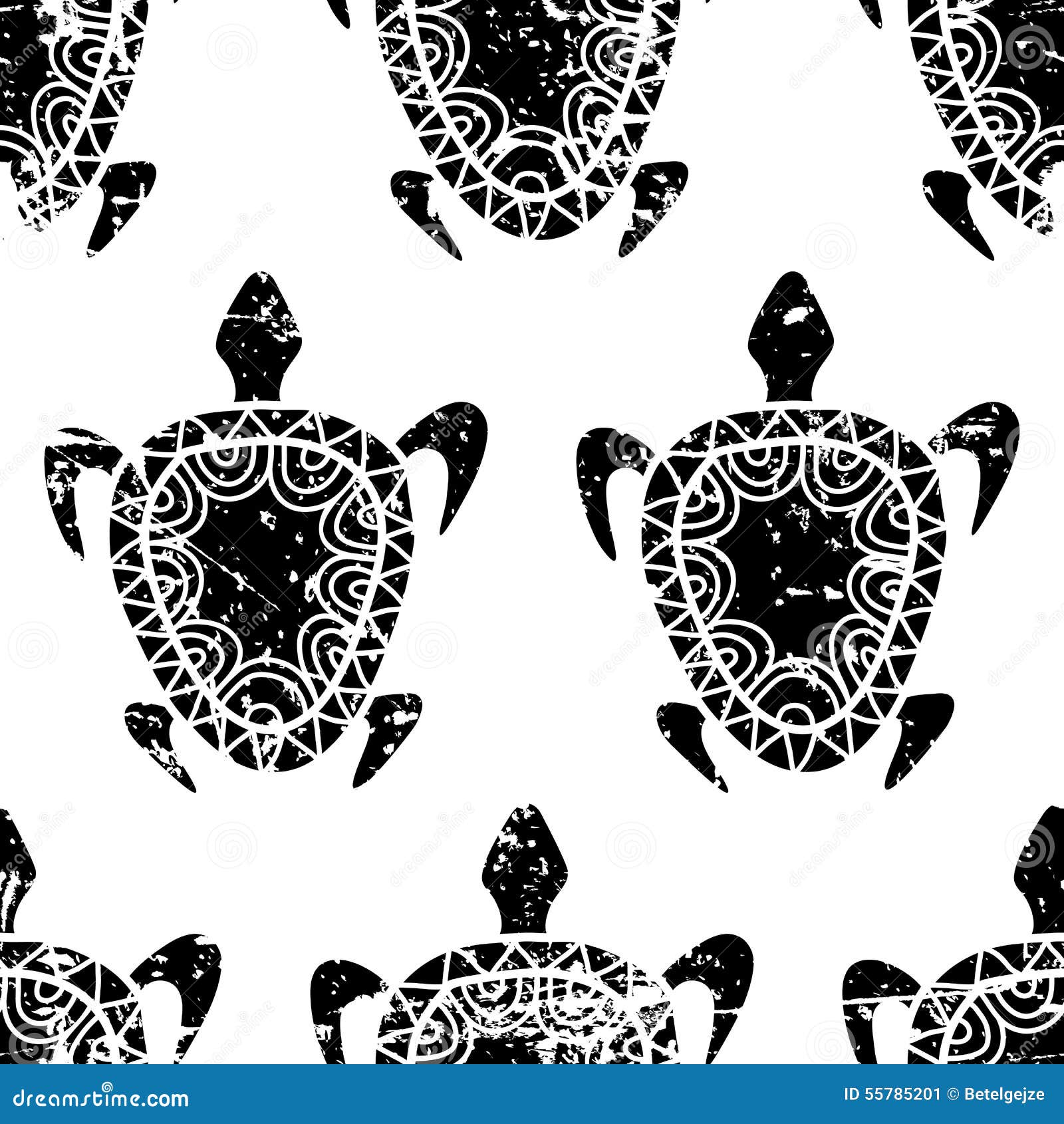 Vector Seamless Summer Grunge Pattern. Hand Drawn Black Turtle I Stock ...