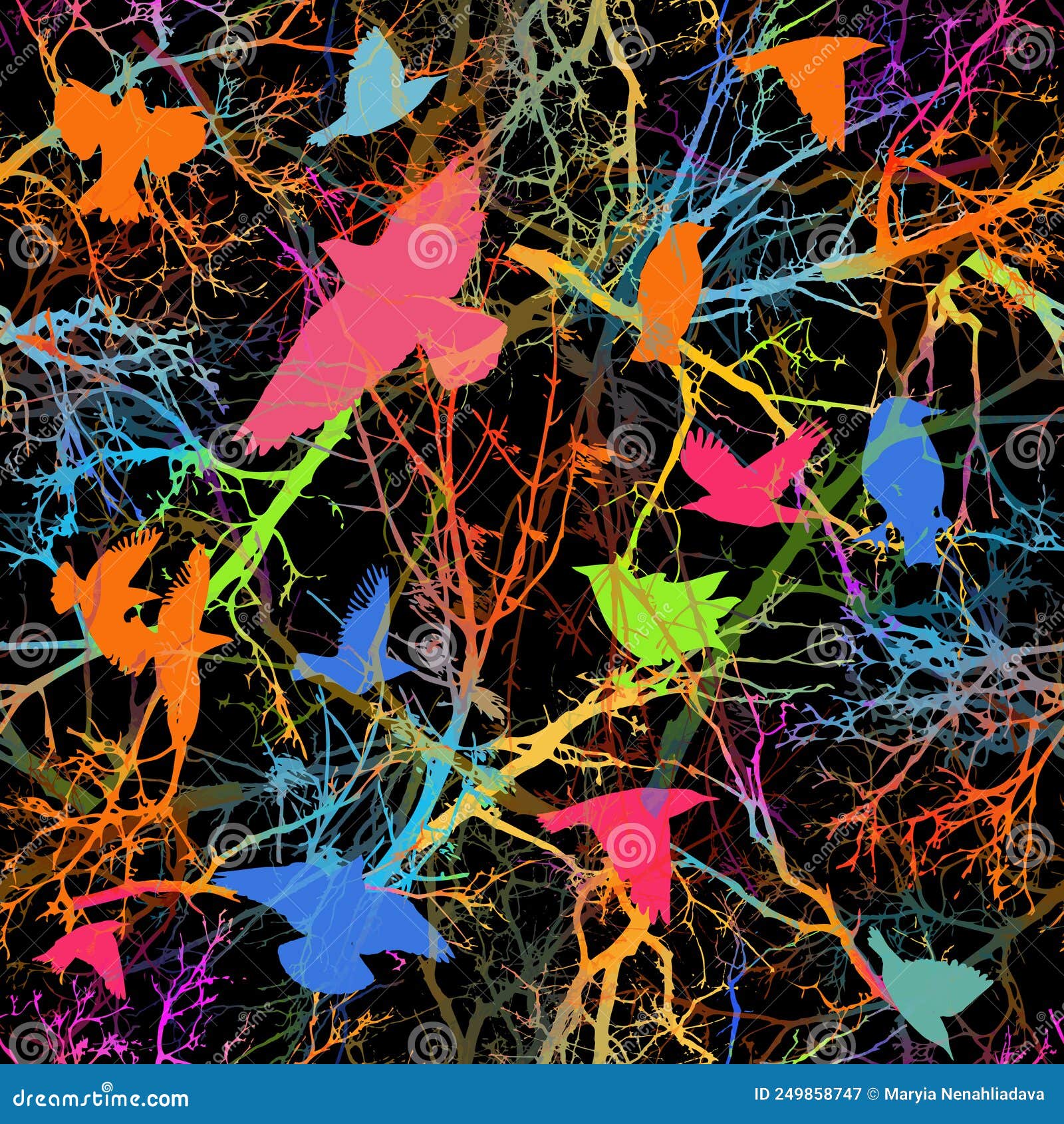 Seamless Colorful Pattern of Tree Branches and Flying Birds. Vector ...