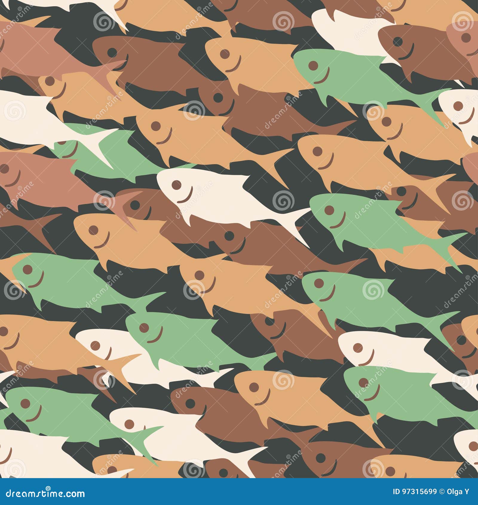 Vector Seamless Tiling Pattern Background with Abstract Fish with Round ...