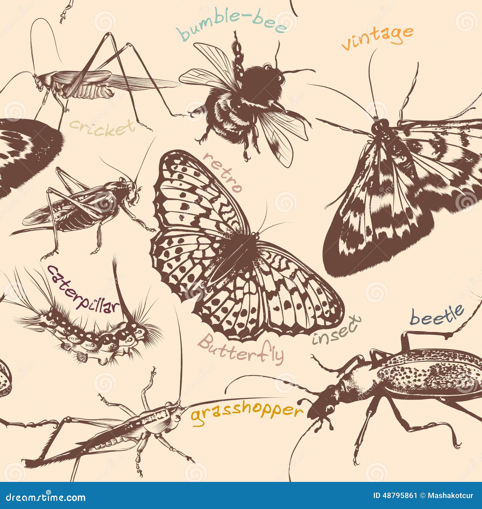 Vector Seamless Wallpaper Pattern with Detailed Insects in Vintage ...