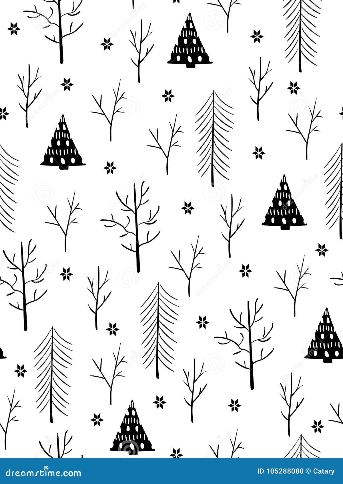 Vector Seamless Winter Pattern from Doodle Hand Drawn Winter Trees and ...