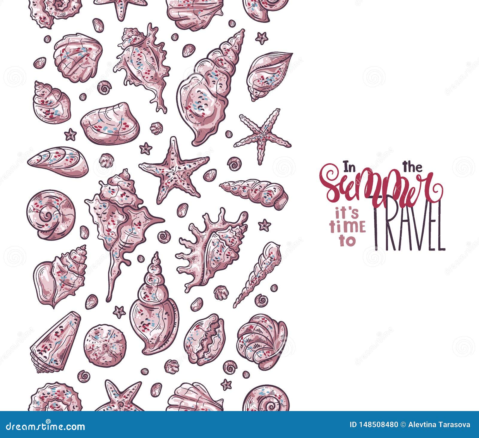 Vector Seashells Sketches. Lettering: in the Summer it is Time To ...