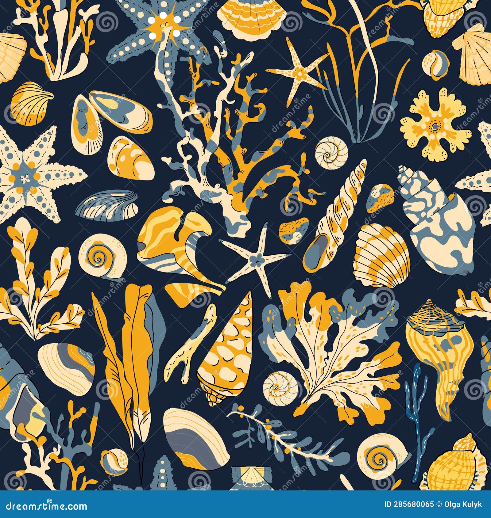 Vector Seaweed Coral and Algae Seamless Pattern on Dark Background ...