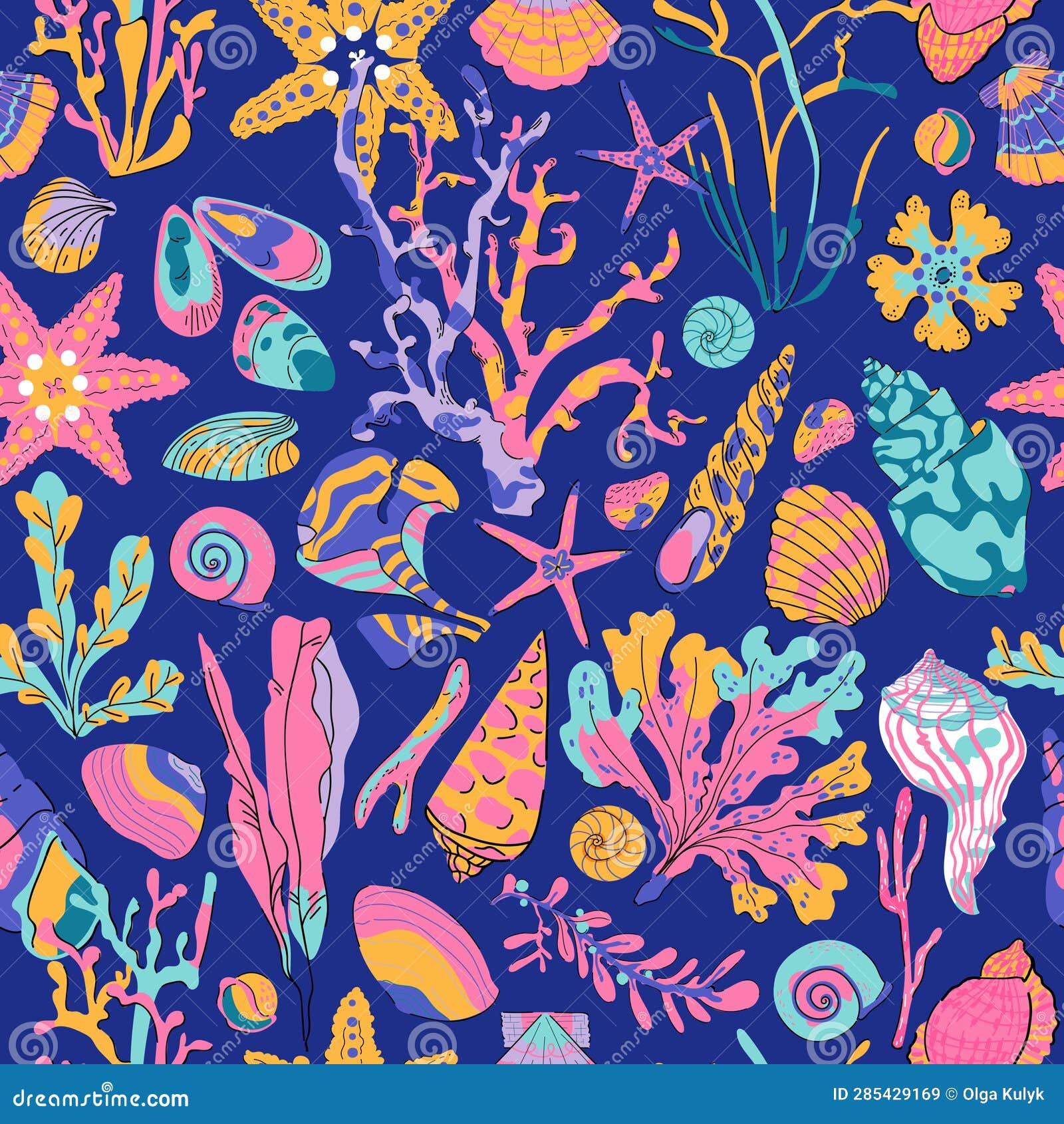 Vector Seaweed Coral and Algae Seamless Pattern on Dark Blue Background ...