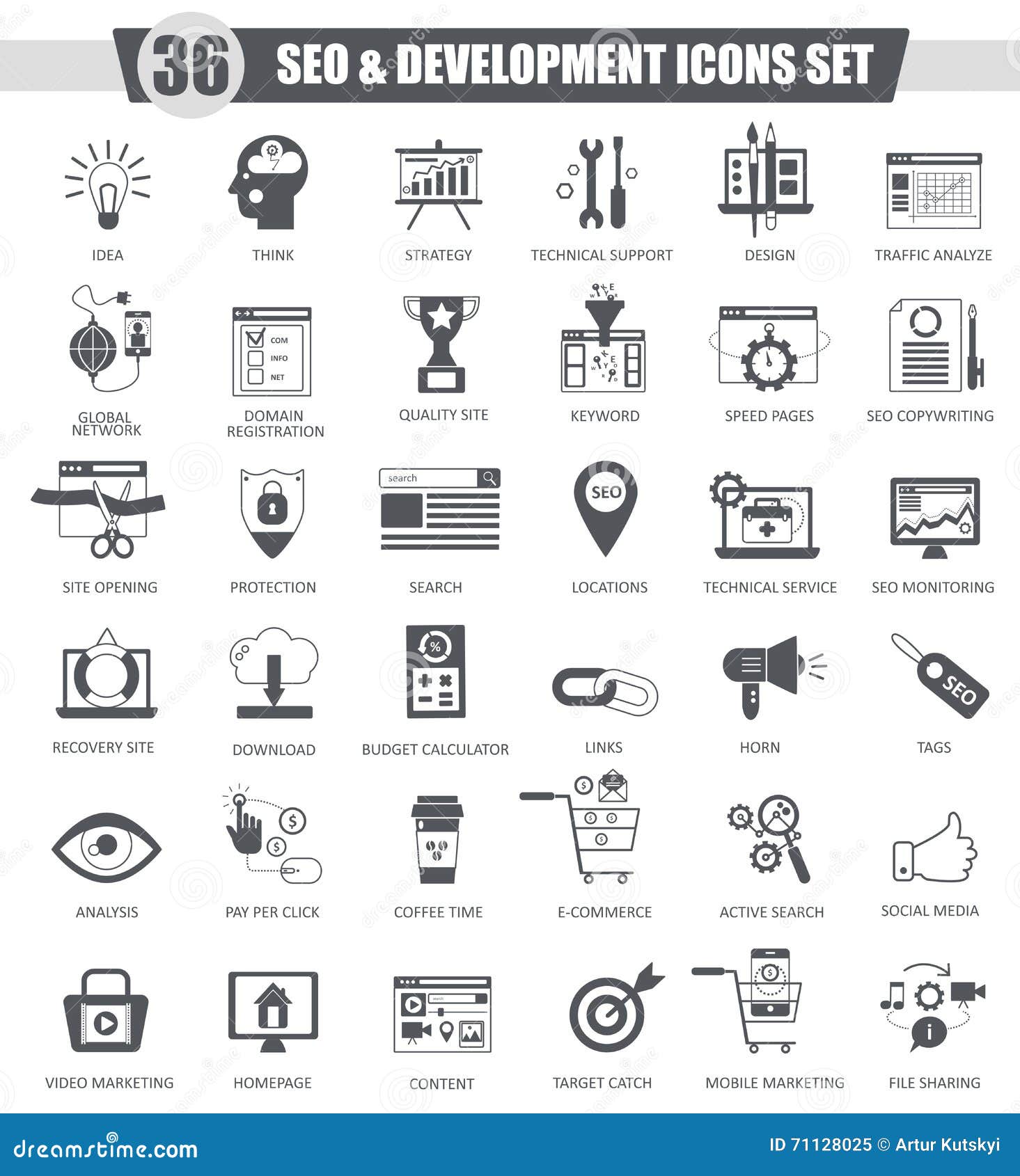 Vector SEO and Development Black Icon Set. Dark Grey Classic Icon ...