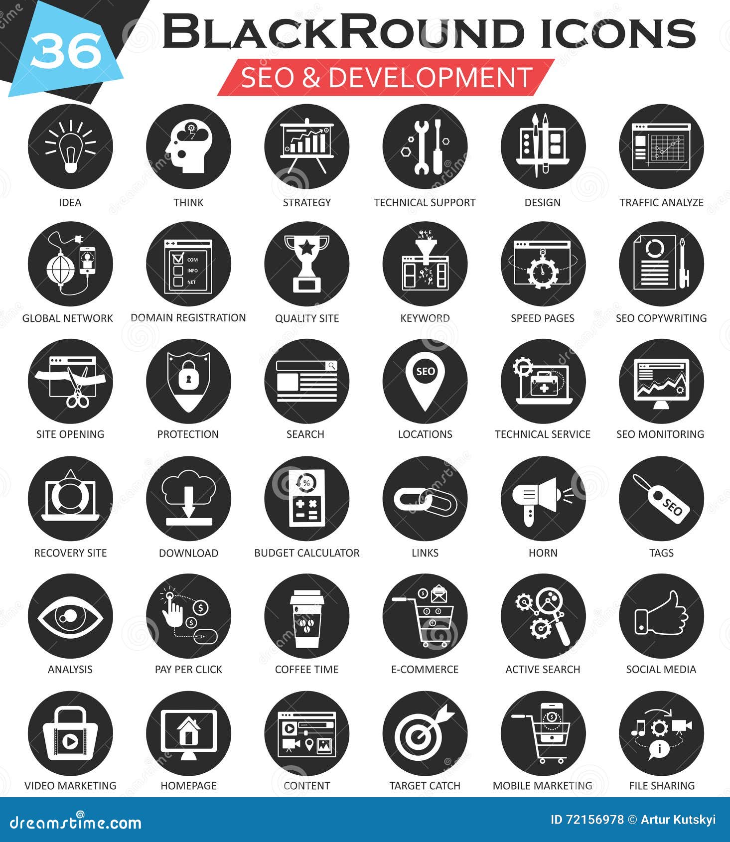 Vector SEO and Development Circle White Black Icon Set. Ultra Modern ...