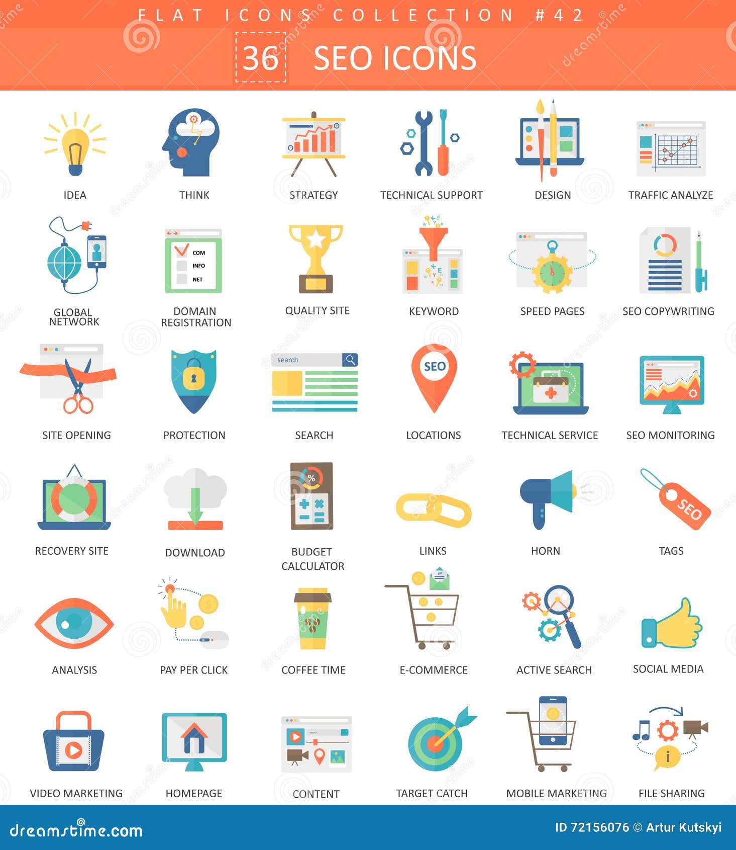 Vector SEO and Development Color Flat Icon Set. Elegant Style Design ...