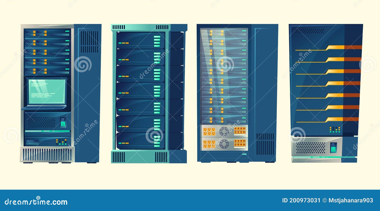 Cartoon Server Room With Cabinets With Servers Vector Illustration ...