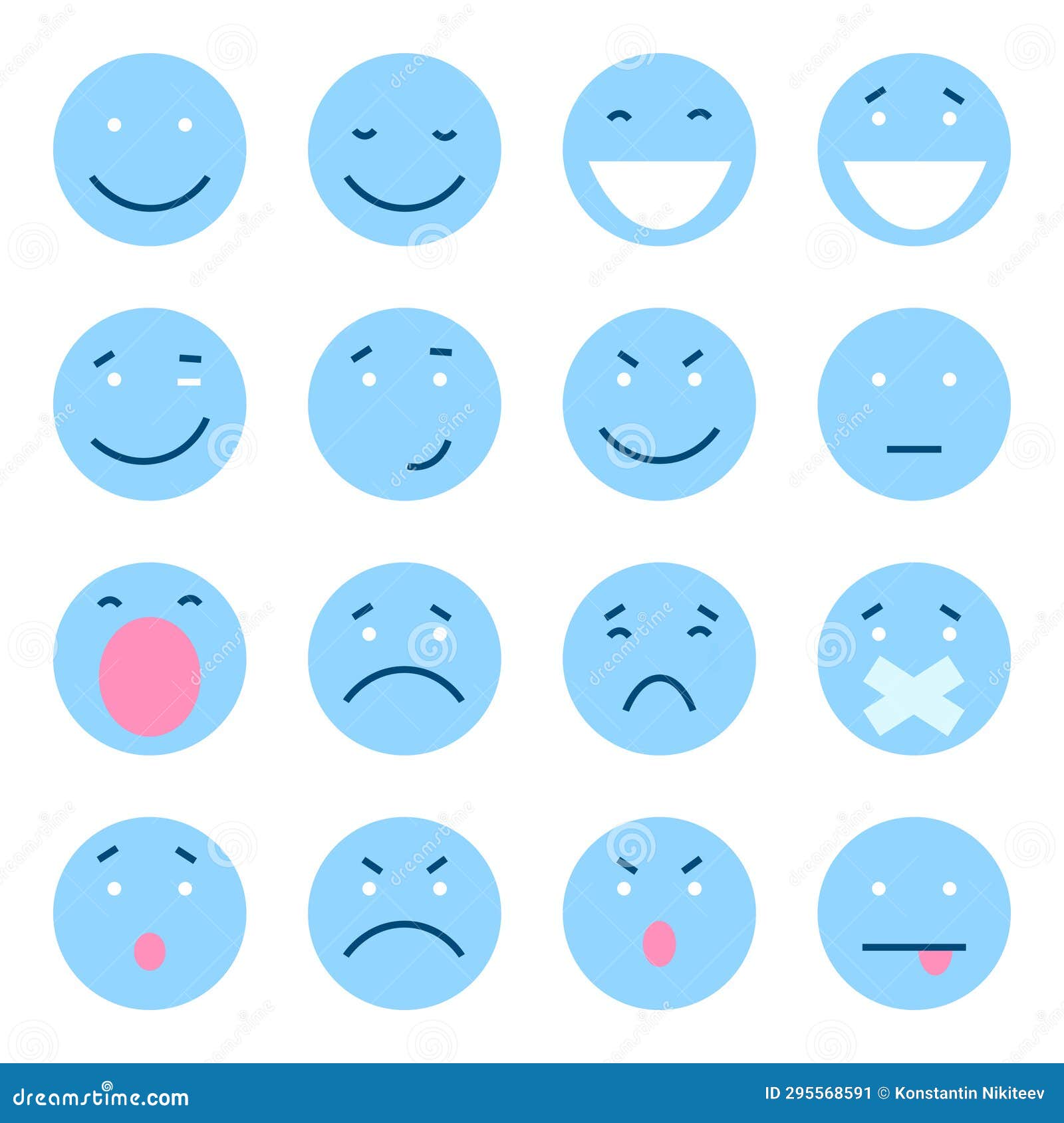 Vector Set of 16 Blue Emoticons Stock Vector - Illustration of emotion ...