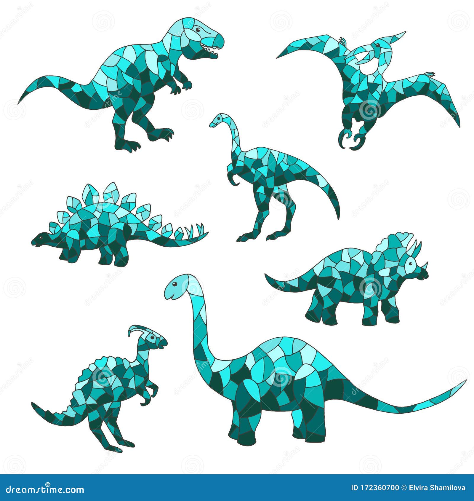 Vector Set of Abstract Blue Dinosaurs on a White Background Stock ...