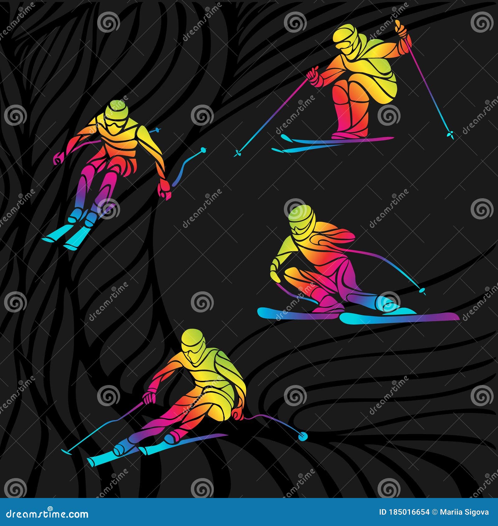 Vector Set of Abstract Skiing People on Black Background Stock Vector ...
