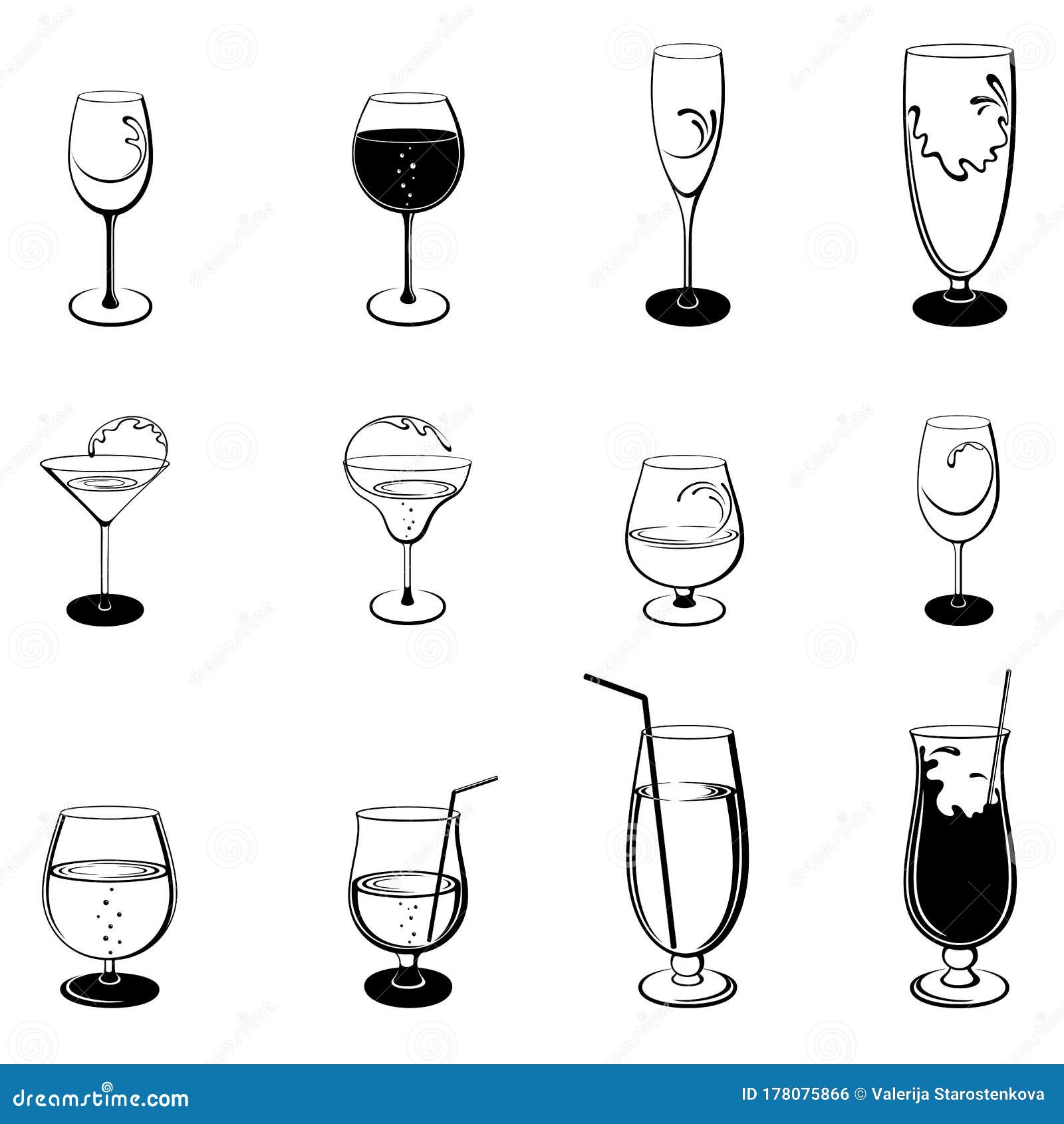 Vector Set of Abstract, Stylized Outline Stemware and Glasses, Isolated ...