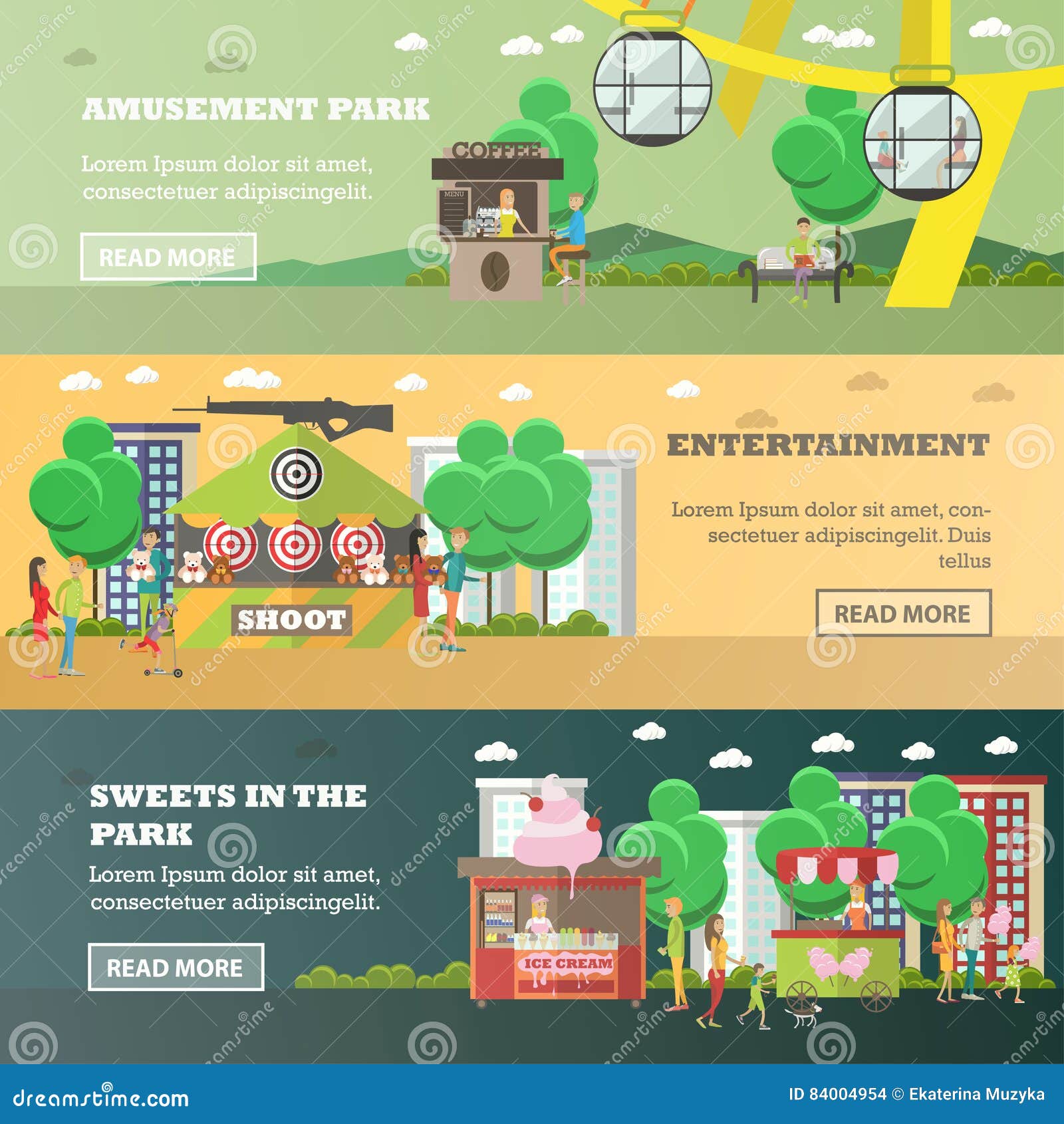 Vector Set of Amusement Park Concept Horizontal Banners, Flat Style ...