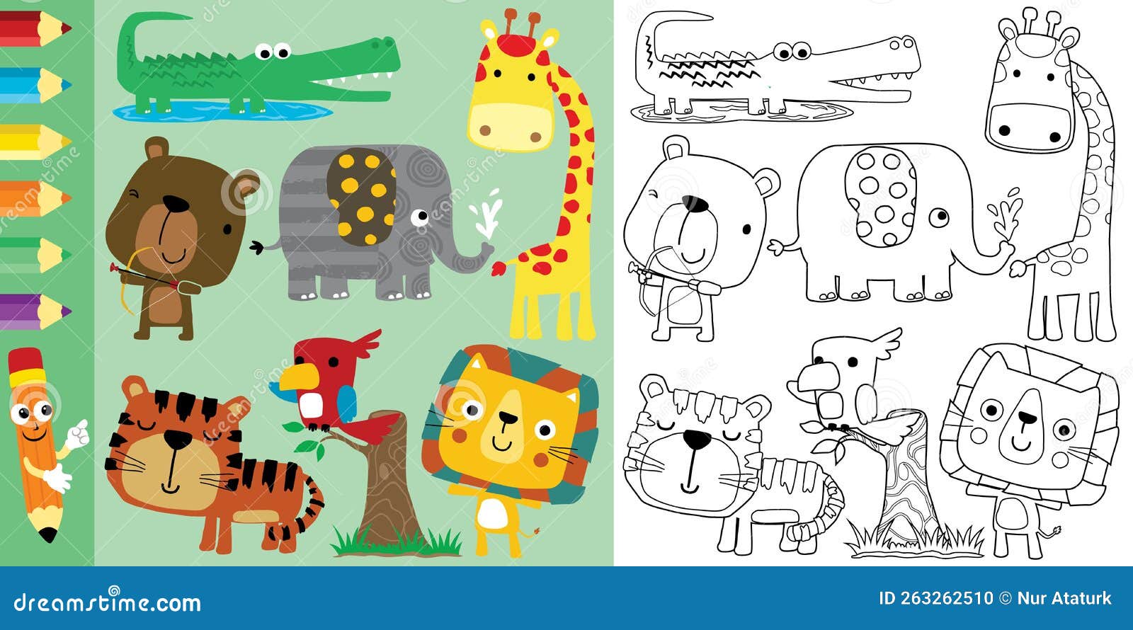 Vector Set of Animals Cartoon, Coloring Book or Page Stock Vector ...