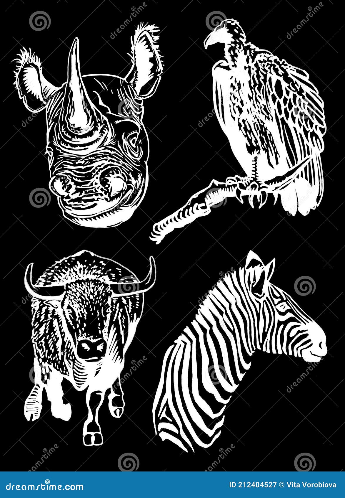 Vector Set of Animals Isolated on Black Background, African Collection ...