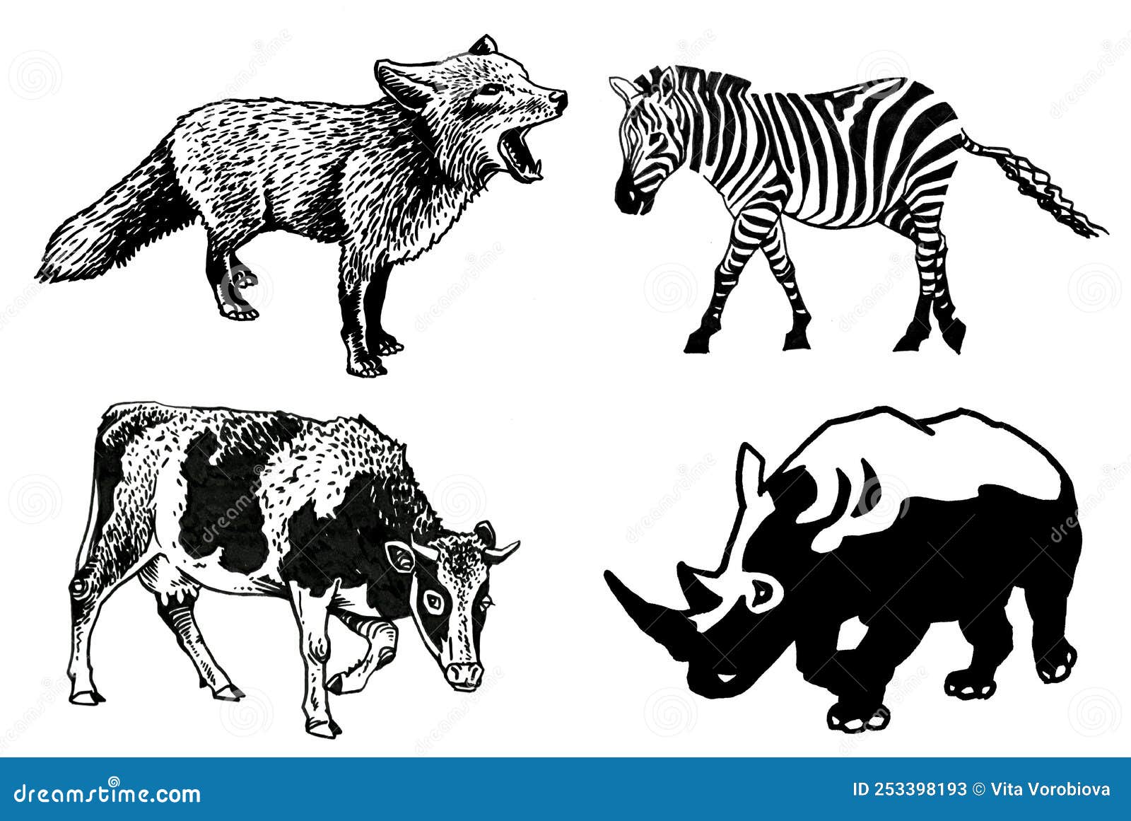 Vector Set of Animals on White Isolated, Graphical Fox,zebra,cow and ...