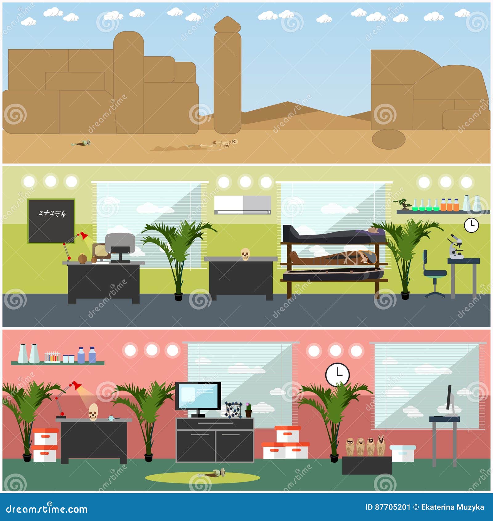 Vector Set of Archaeological Site, Laboratory Interior Concept Design ...
