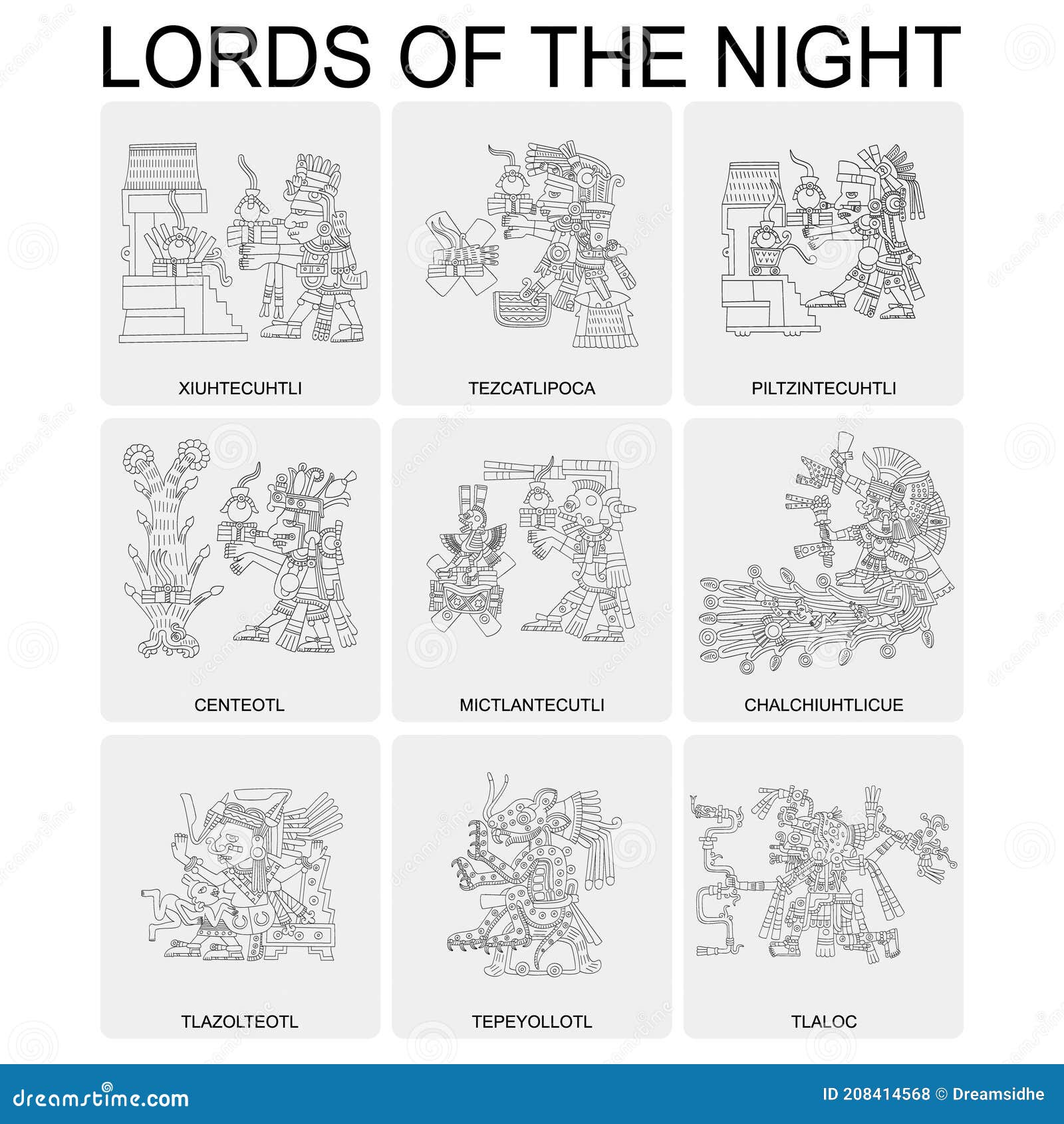 Vector Set with Aztec Deities Lords of the Night Stock Vector ...