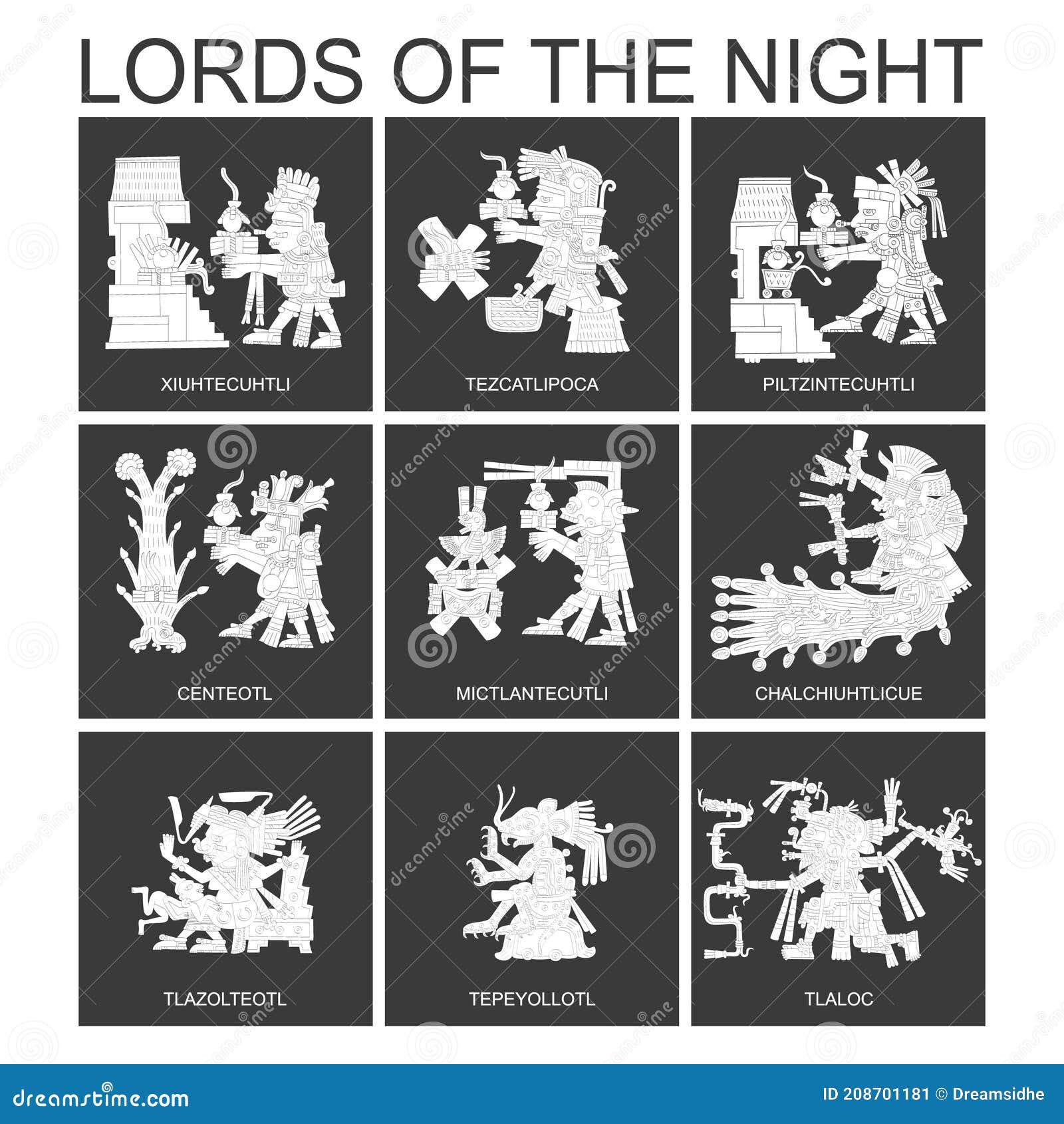 Vector Set with Aztec Deities Lords of the Night Stock Vector ...