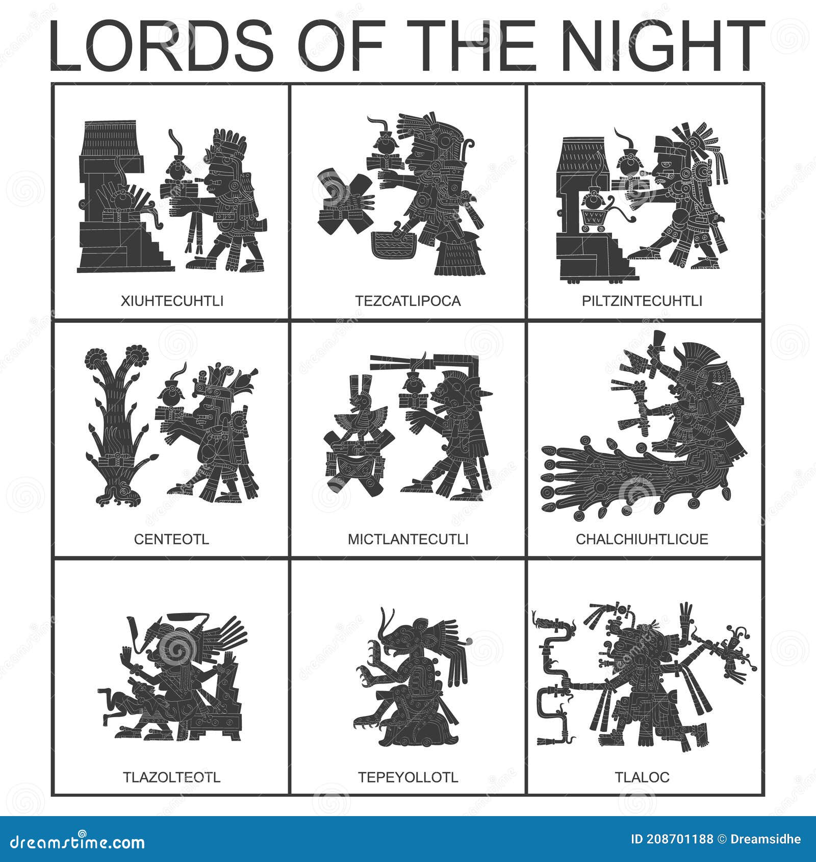 Vector Set with Aztec Deities Lords of the Night Stock Vector ...